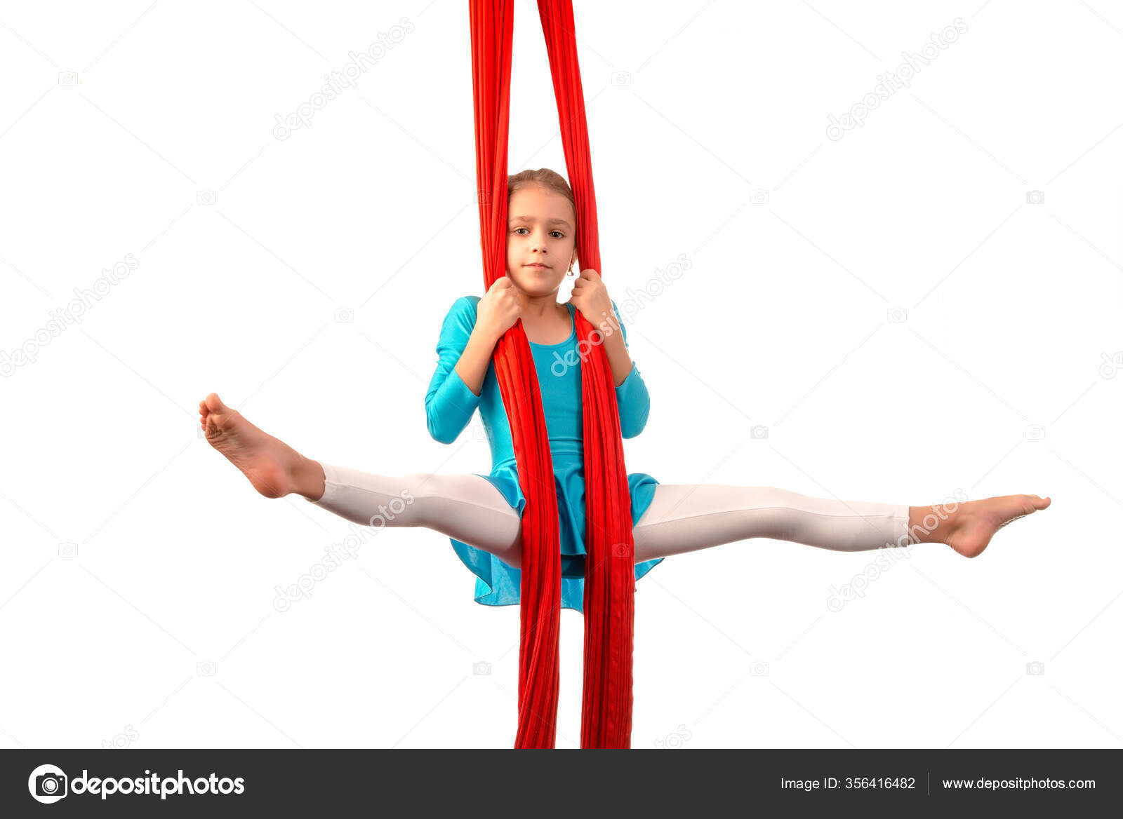 Little Acrobat Girl Doing Splits Air Holding Red Air Ribbon Stock Photo ...