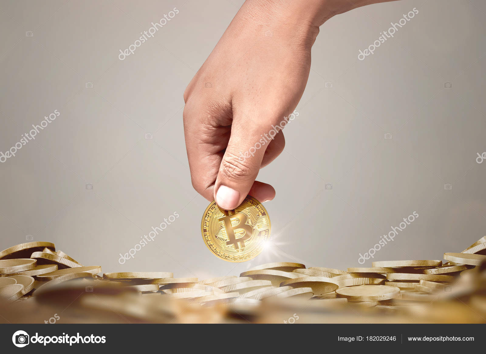 Male Hand Take One Golden Bitcoin Coin Stack Bright Background – Stock ...