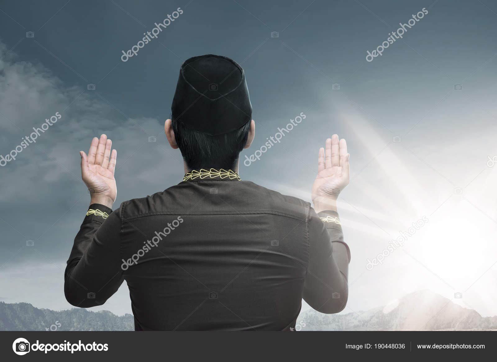 Rear View Asian Muslim Man Traditional Dress Pray Blue Sky Stock Photo ...