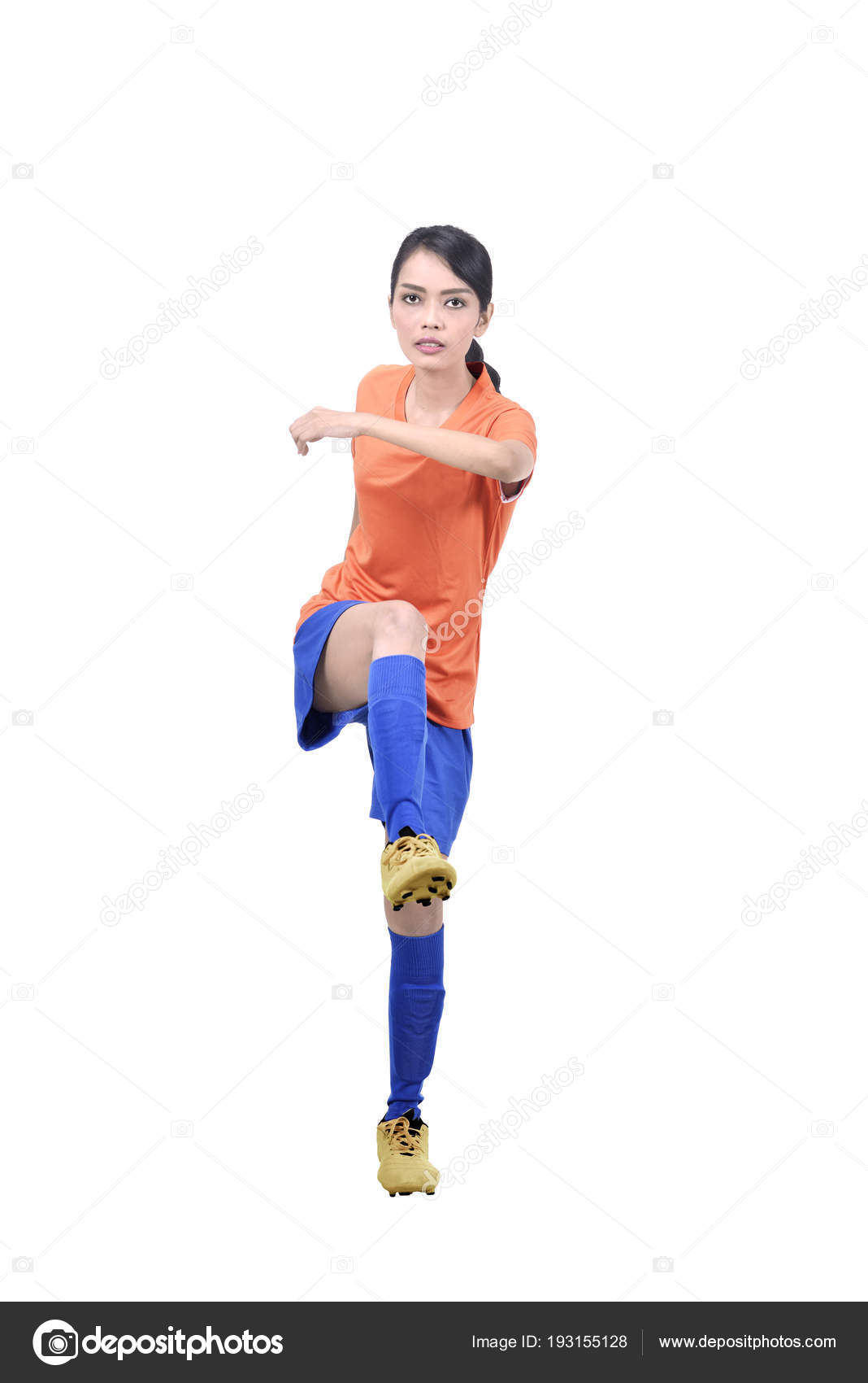 Professional Asian Soccer Player Woman Kick Ball White Background Stock ...