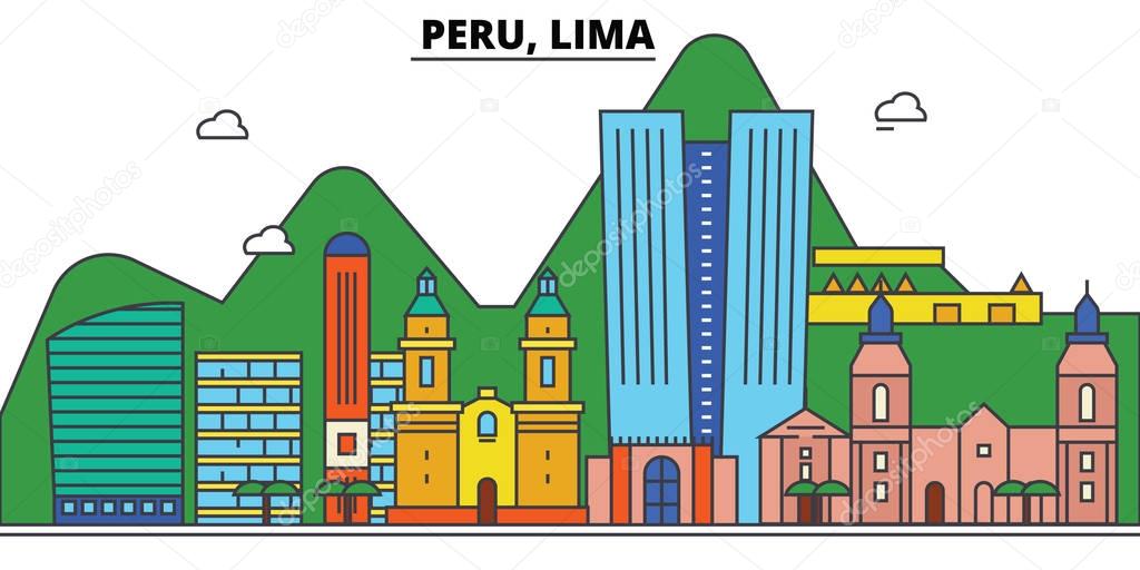 Perú, Lima. Ciudad skyline: arquitectura, edificios, calles, silueta ...