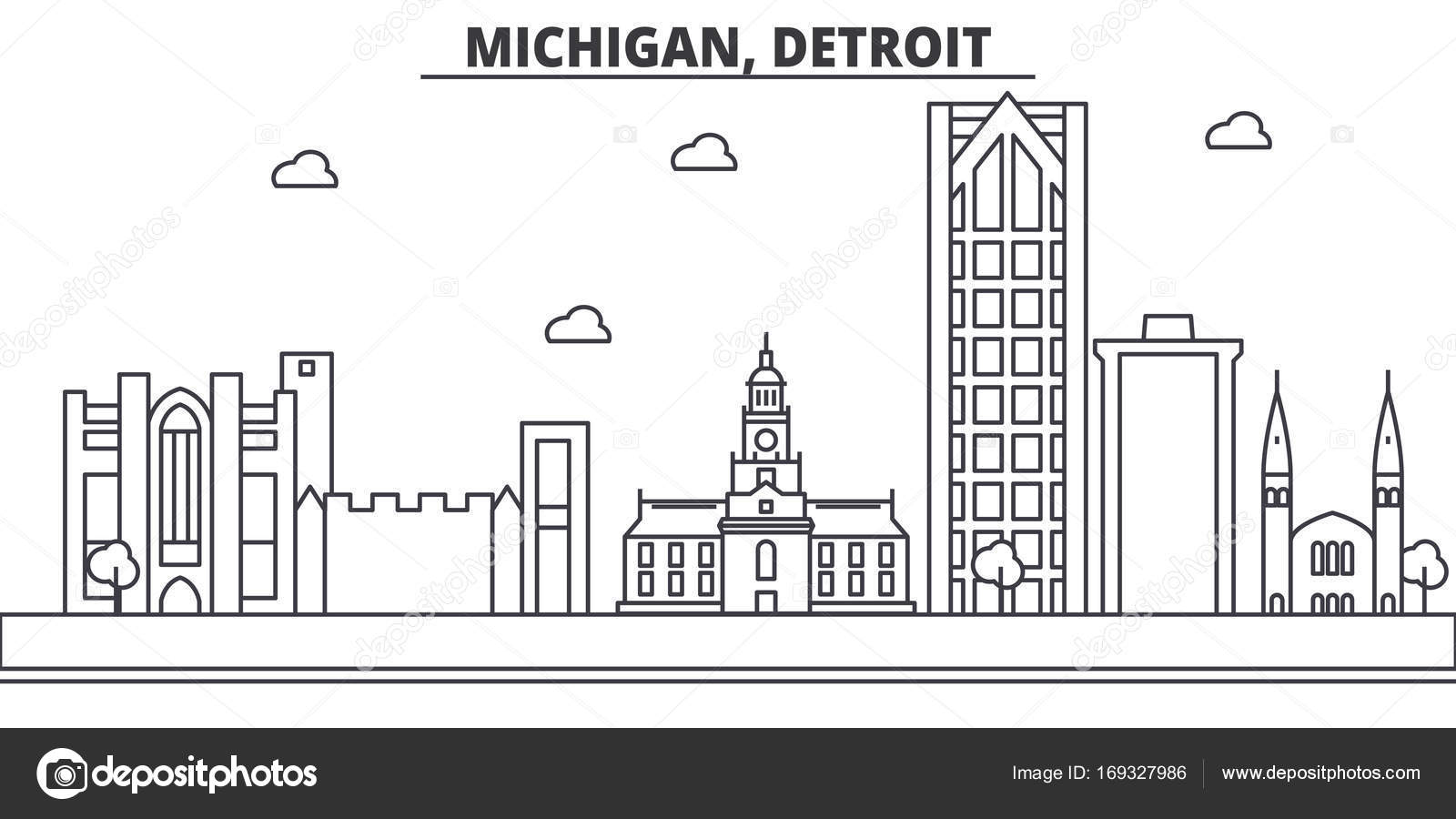 Michigan, Detroit architecture line skyline illustration. Linear vector ...