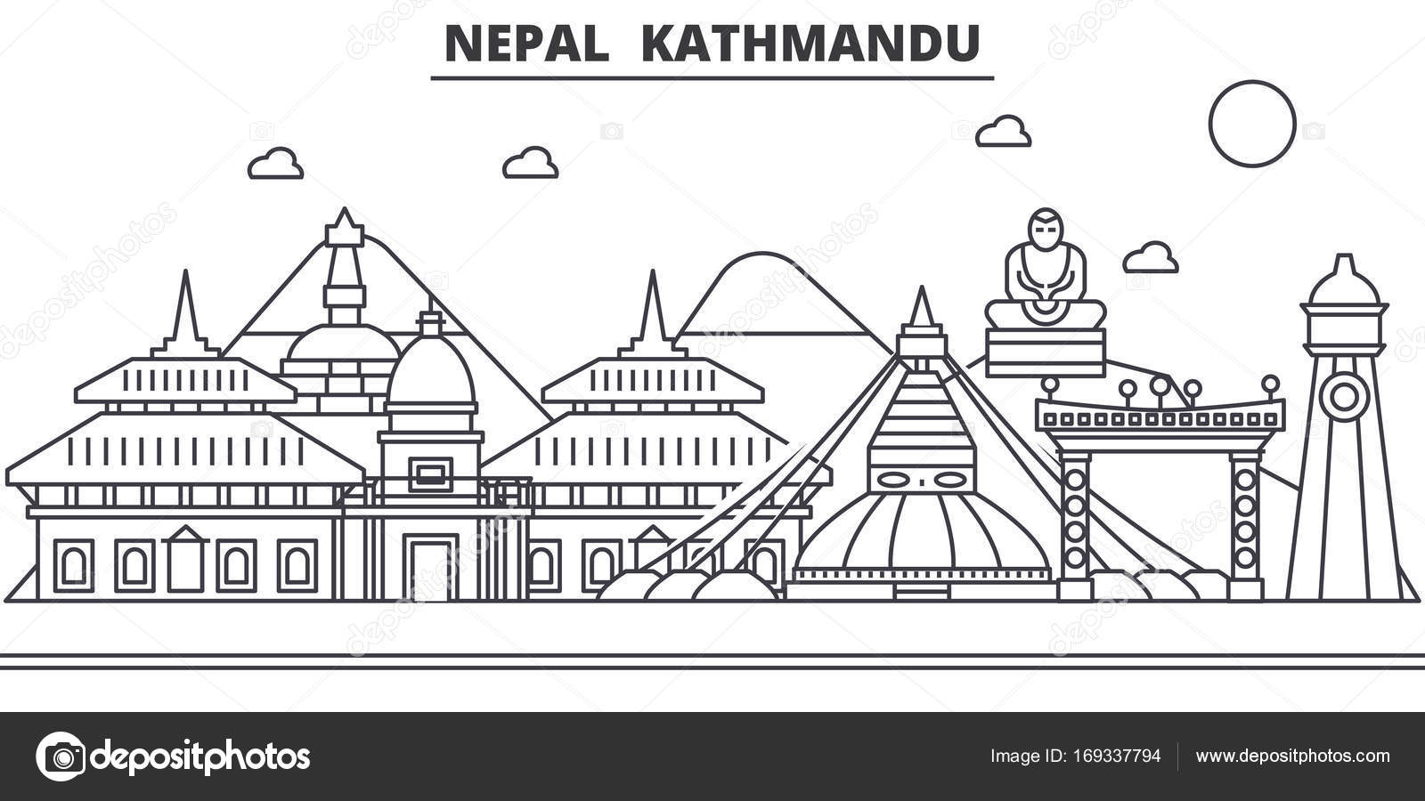 Nepal, Kathmandu architecture line skyline illustration. Linear vector ...