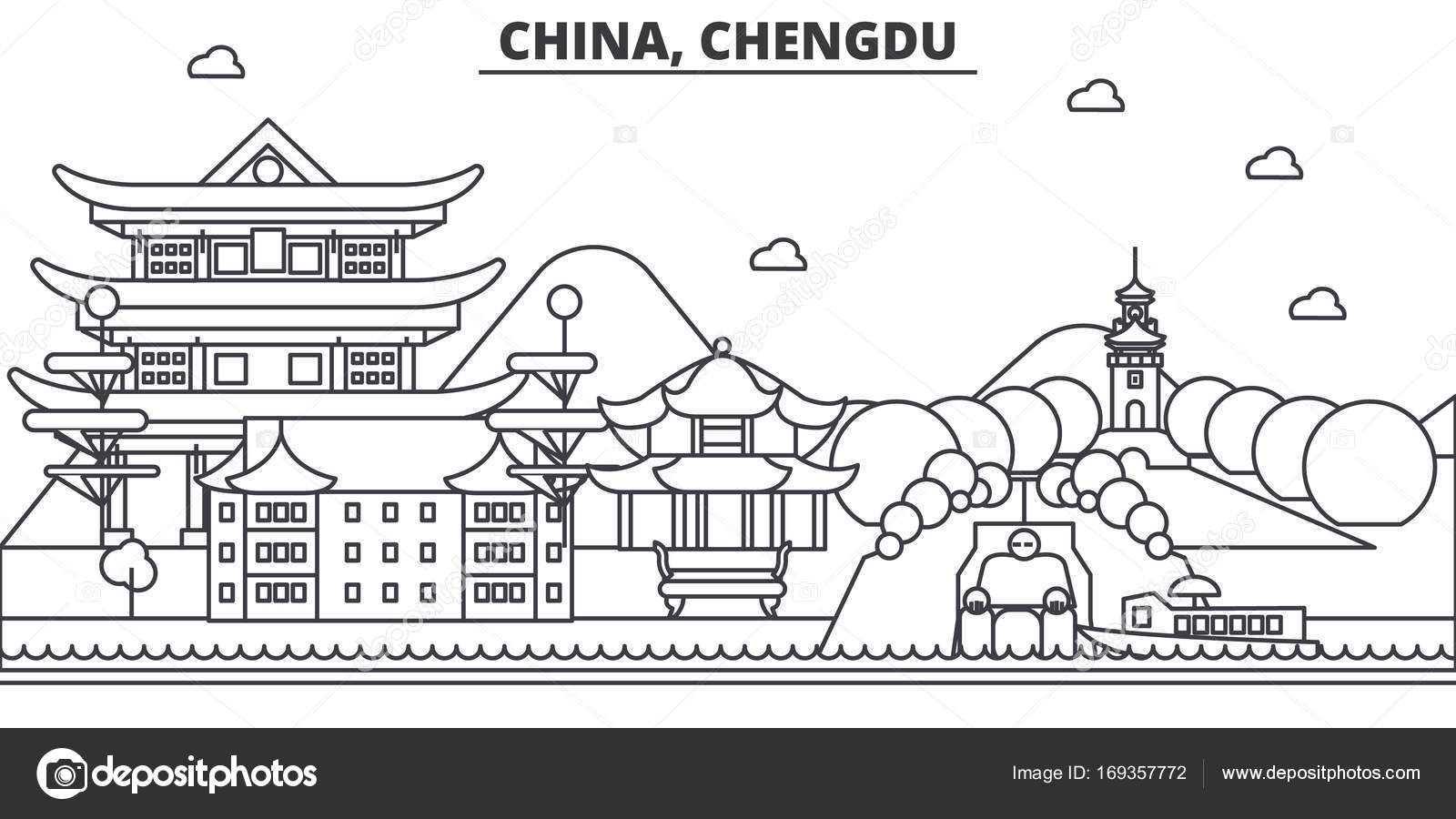 China, Chengdu architecture line skyline illustration. Linear vector ...