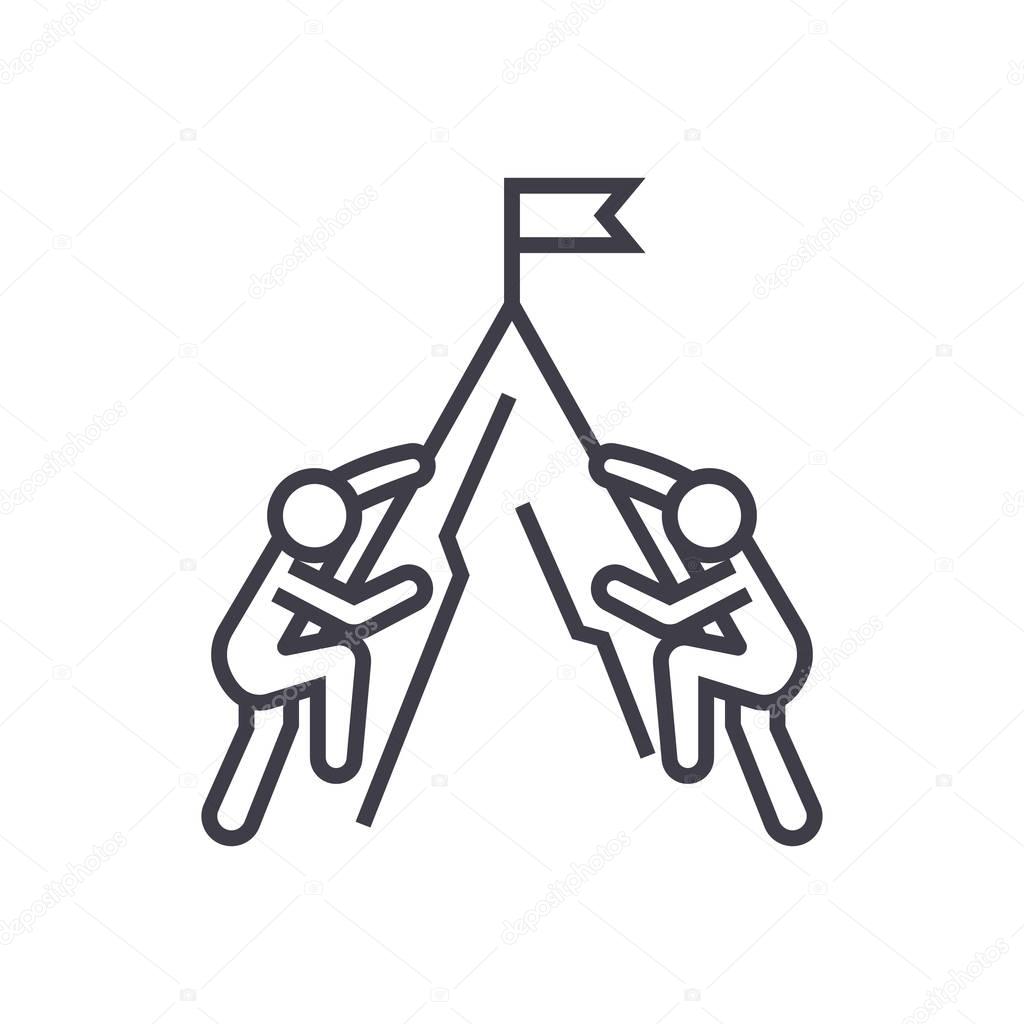 competition concept, flag and mountain rise concept vector thin line ...