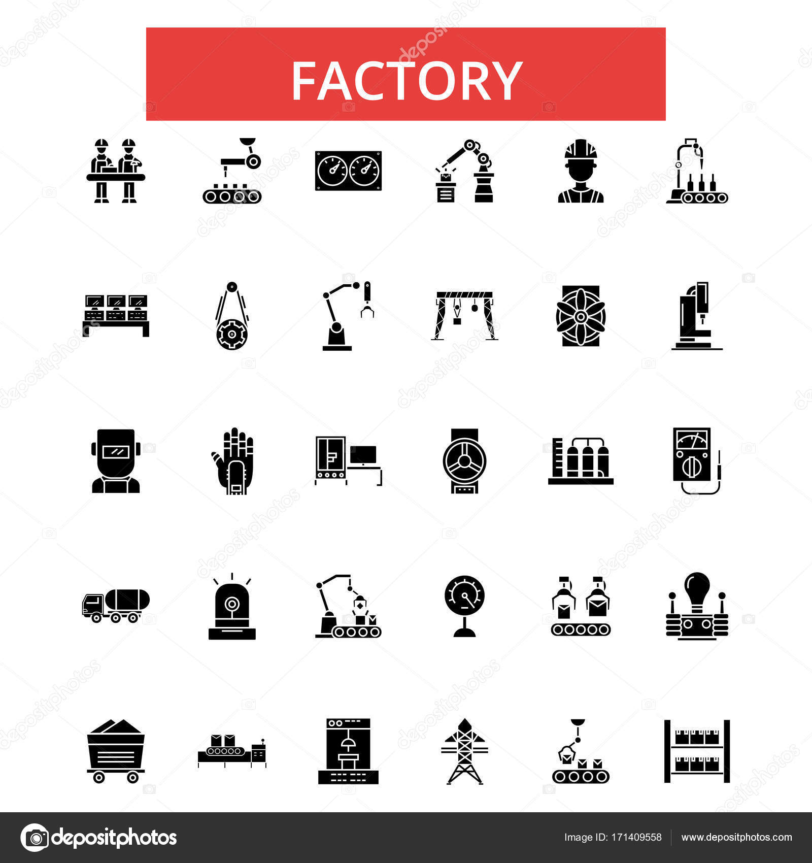 Fabryka ilustracja, cienka linia ikon, liniowych płaskich znaków ...