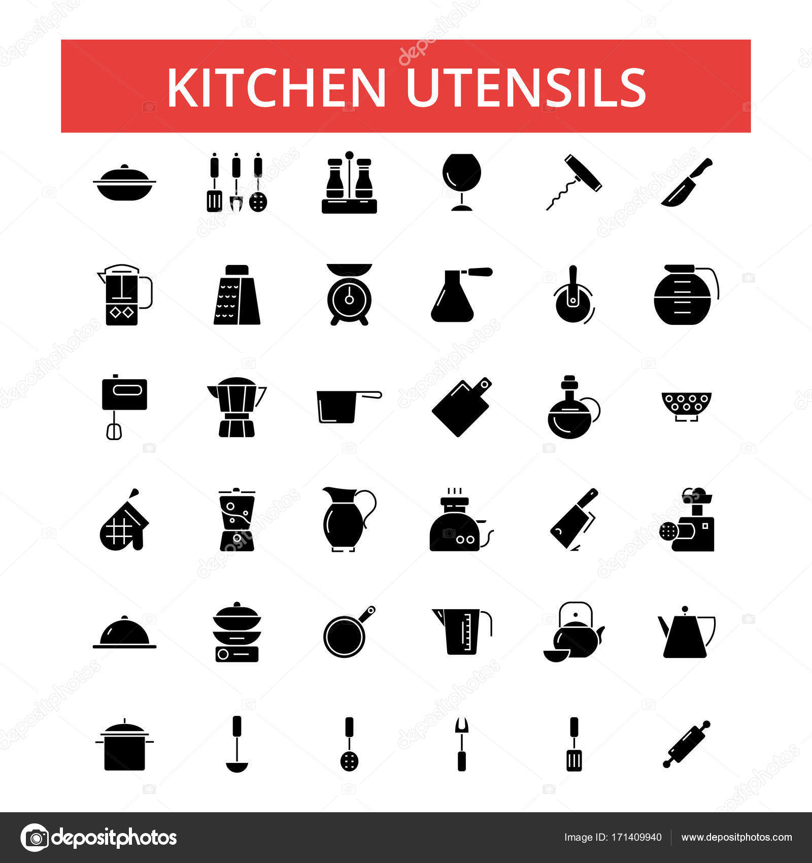 Kitchen utensils illustration, thin line icons, linear flat signs ...