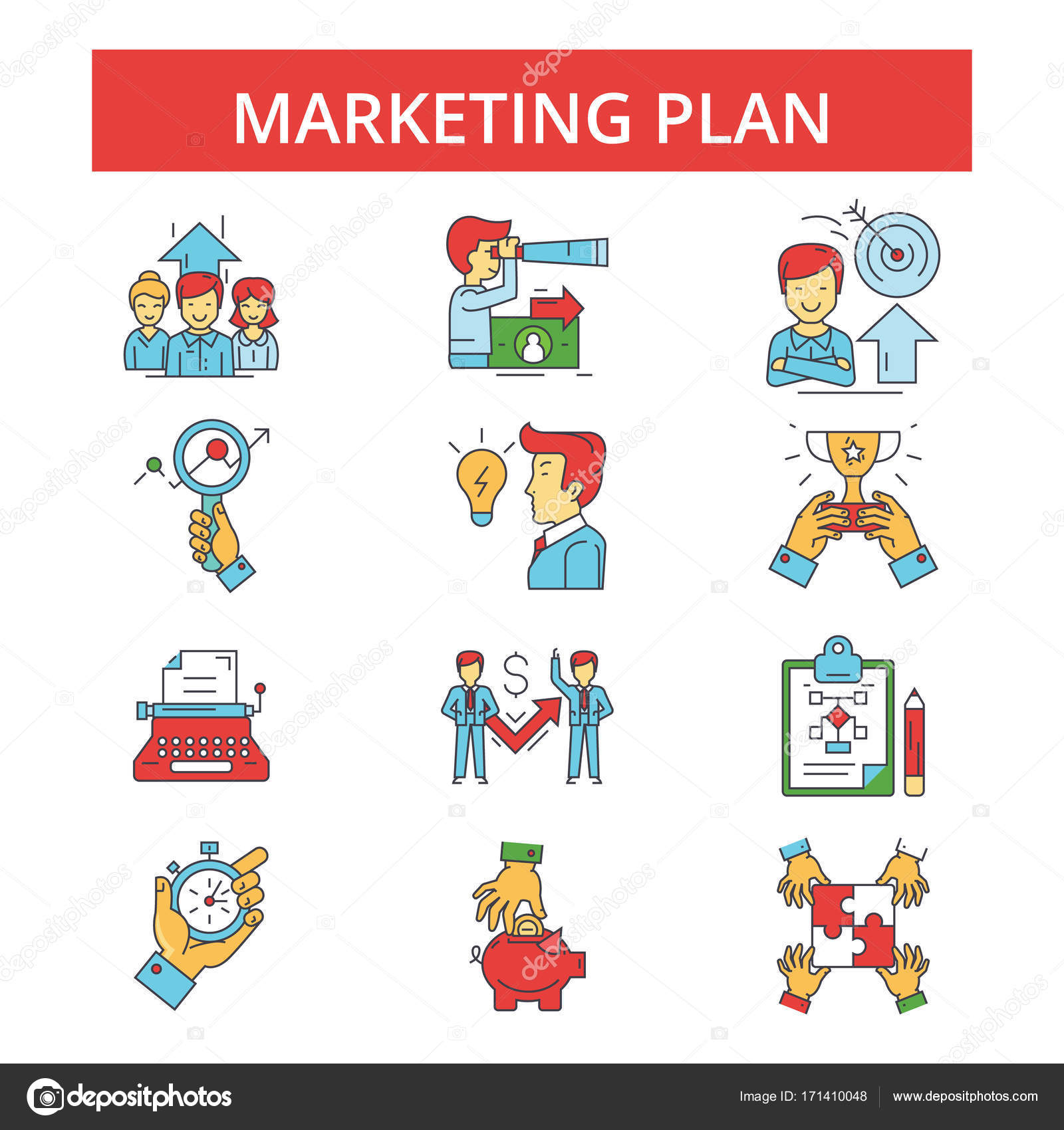 Marketing plan illustration, thin line icons, linear flat signs, vector ...