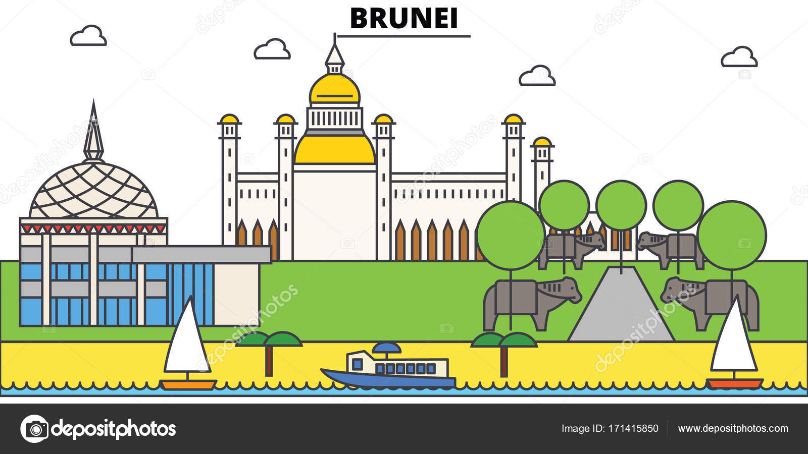 Brunei outline city skyline, linear illustration, banner, travel ...