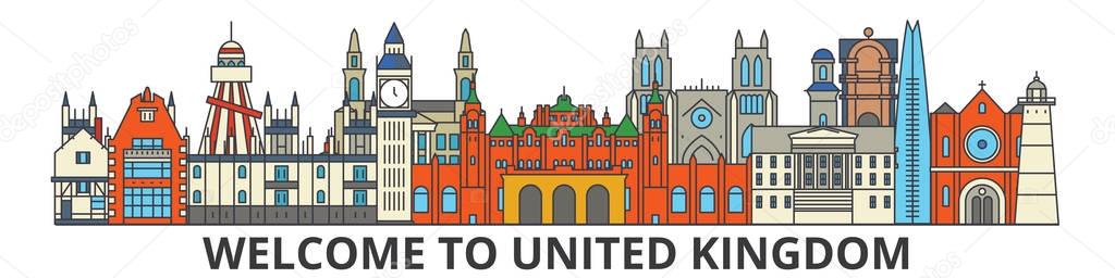 United Kingdom outline skyline, british flat thin line icons, landmarks ...