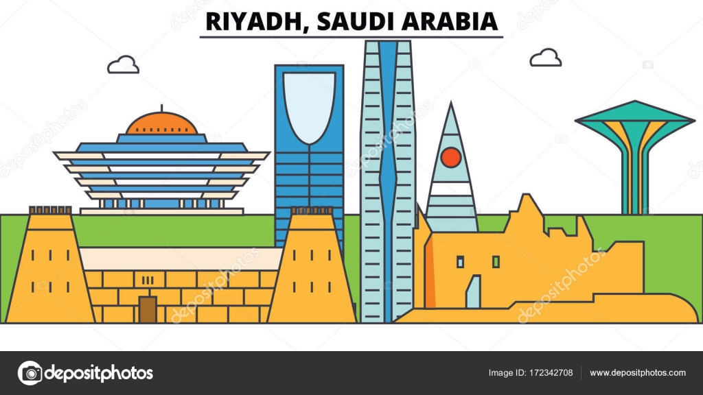 Riyadh, Suudi Arabistan anahat manzarası, Arap düz ince çizgi simgeler ...
