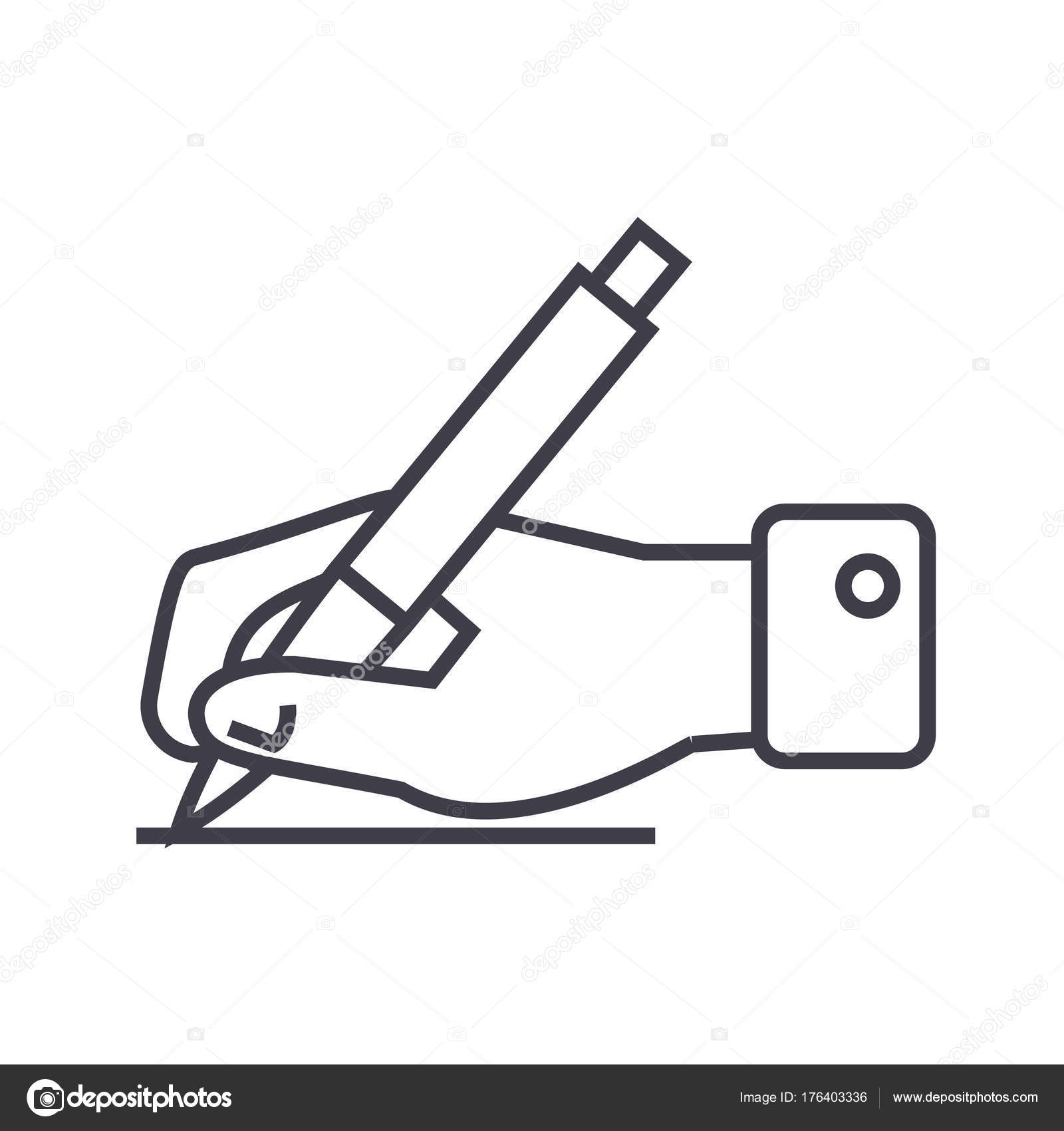 Writing sign,hand with pen vector line icon, sign, illustration on ...