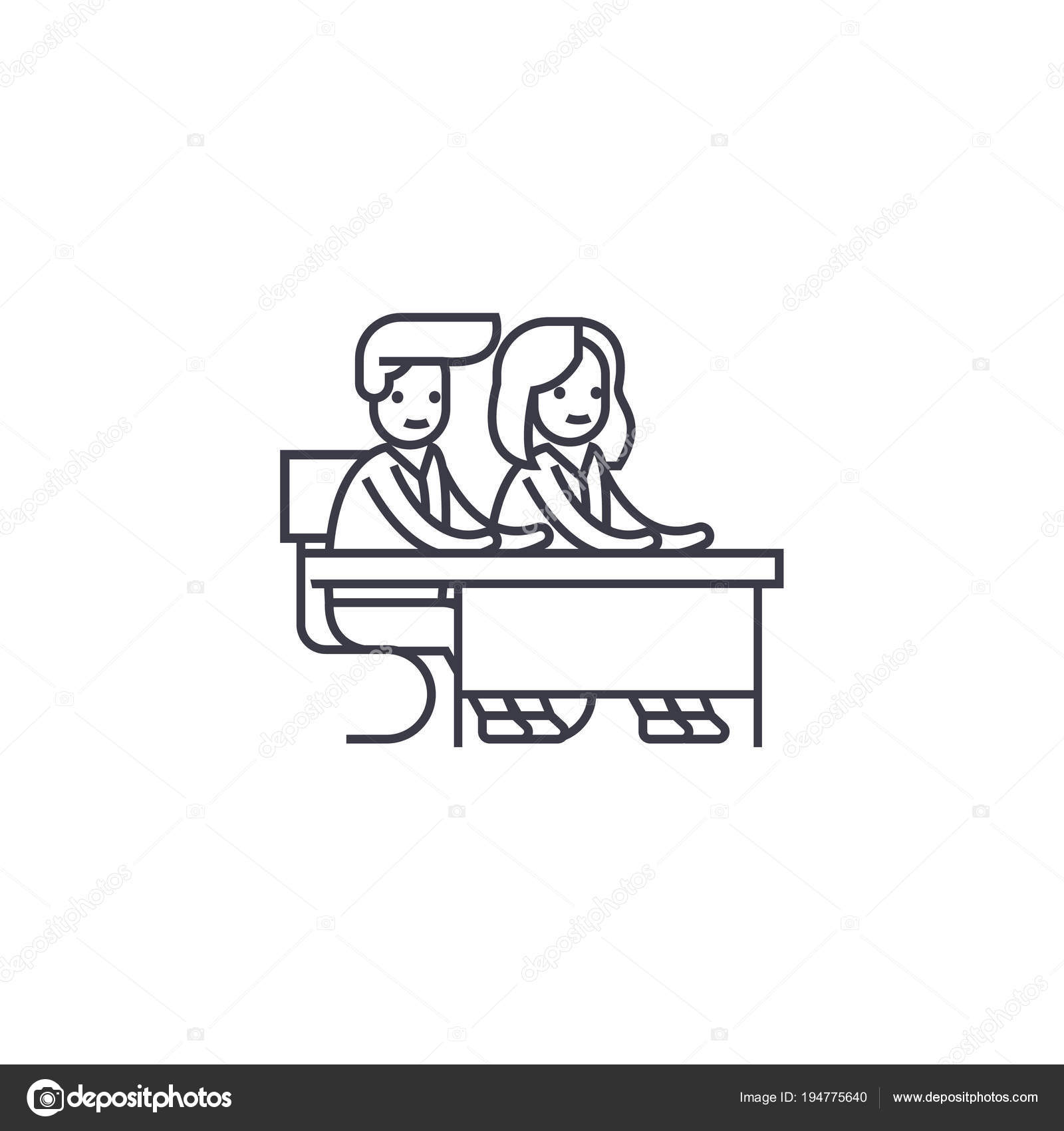 Couple students at a desk vector line icon, sign, illustration on ...