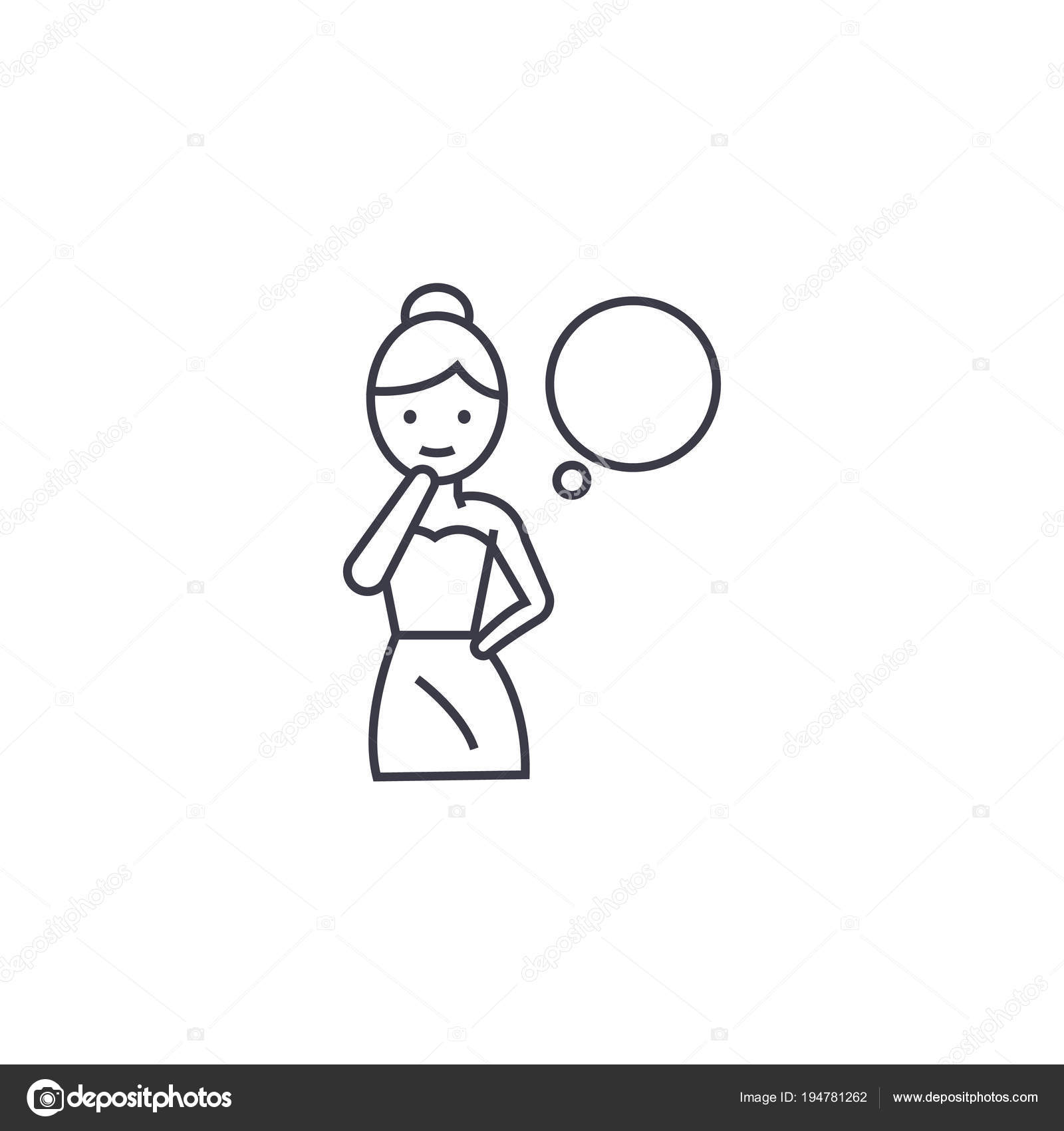 Woman thinking vector line icon, sign, illustration on background ...