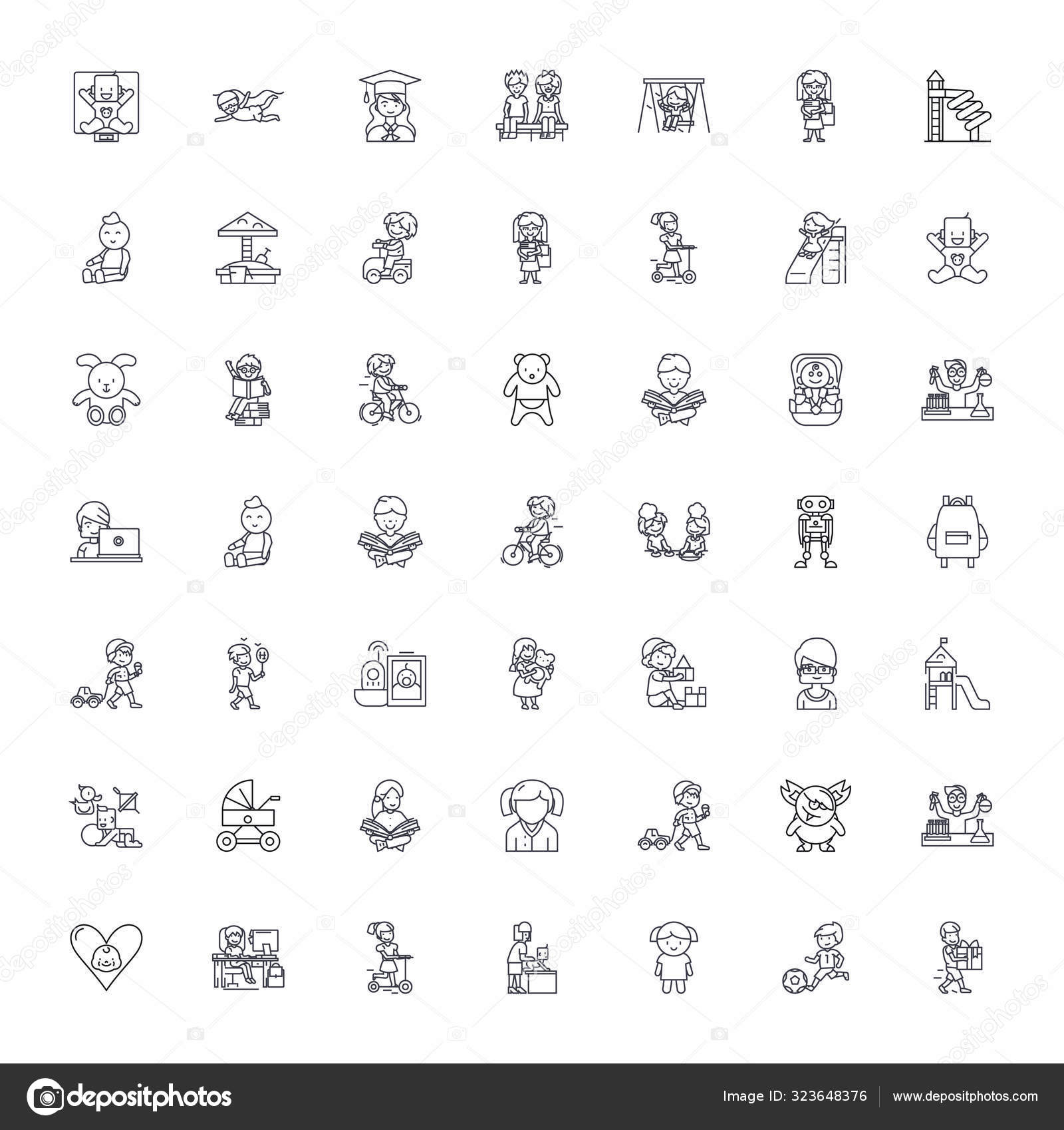 Barn aktiviteter linjära ikoner, skyltar, symboler vektor linje illustration set vektor av ...