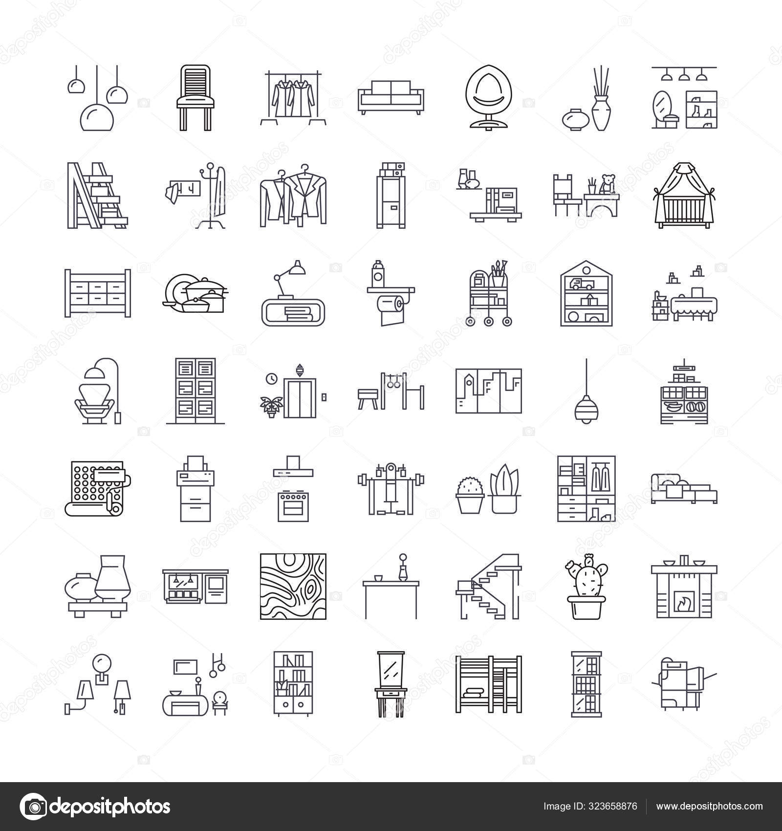 Interior design linear icons, signs, symbols vector line illustration ...