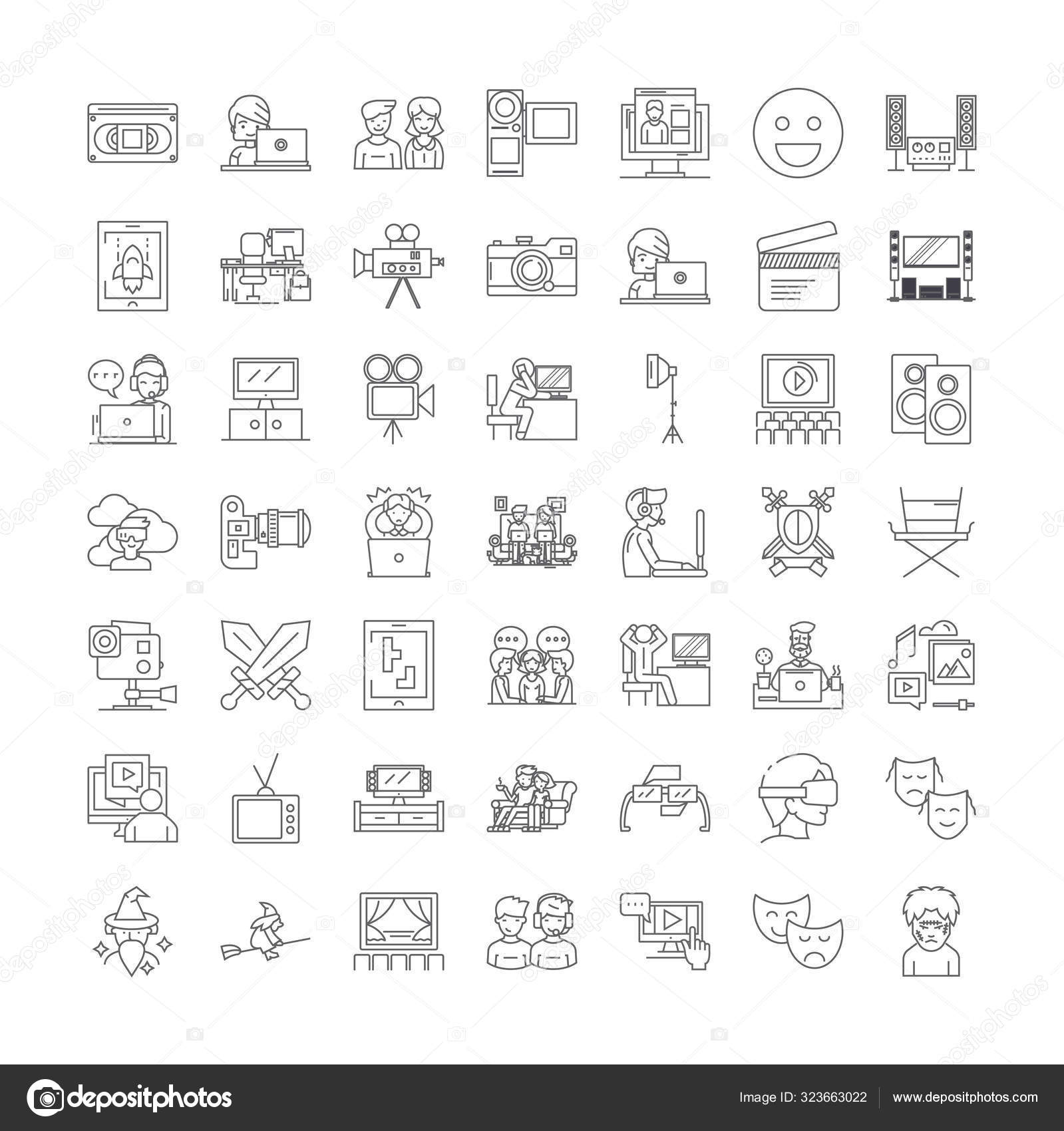 Watching movie linear icons, signs, symbols vector line illustration ...