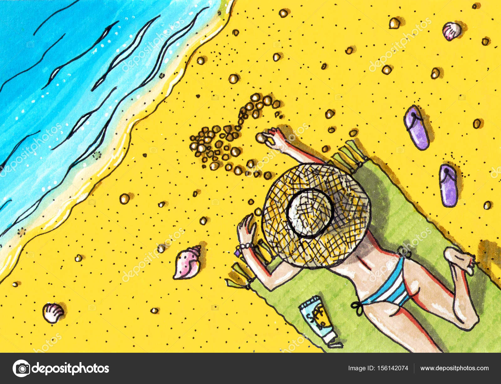 Hand Drawn Marker Cartoon Style Drawing Girl Sunbathing Ion Beach — Stock Photo © VictoriaKi ...