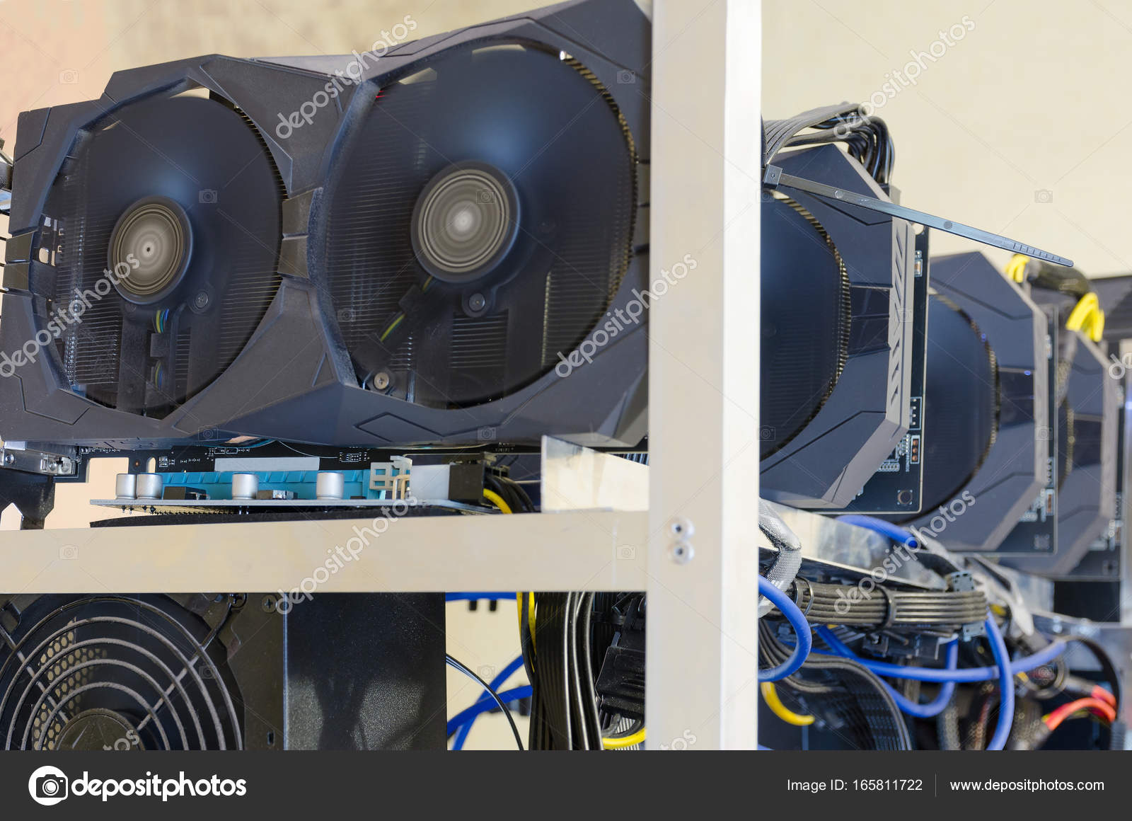 Crypt farm with graphic cards for e-currency mining. Computer for ...