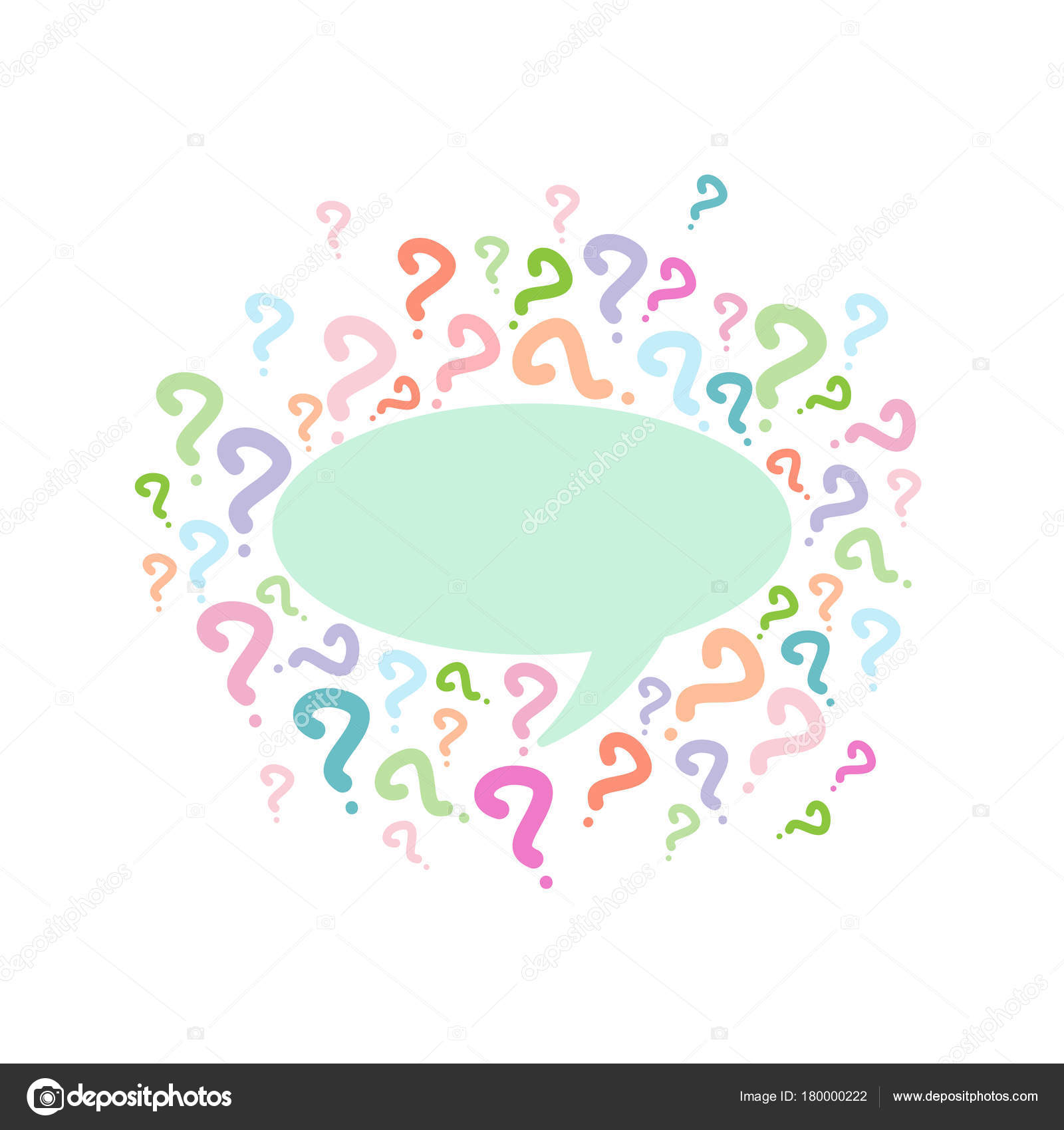 Turquoise speech bubble with colorful flying question marks. Isolated ...