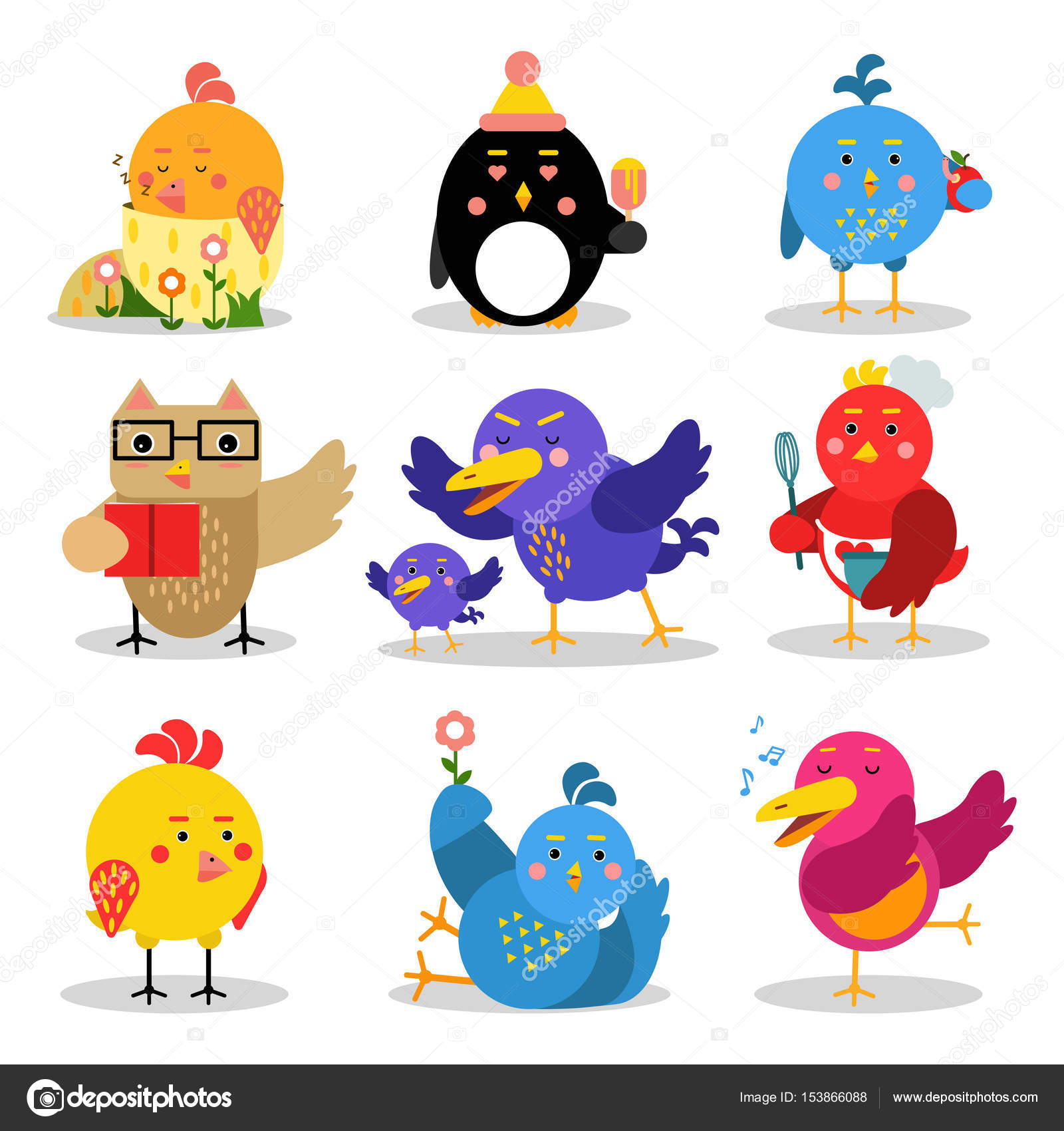 Cute cartoon birds in different situations, colorful characters vector ...