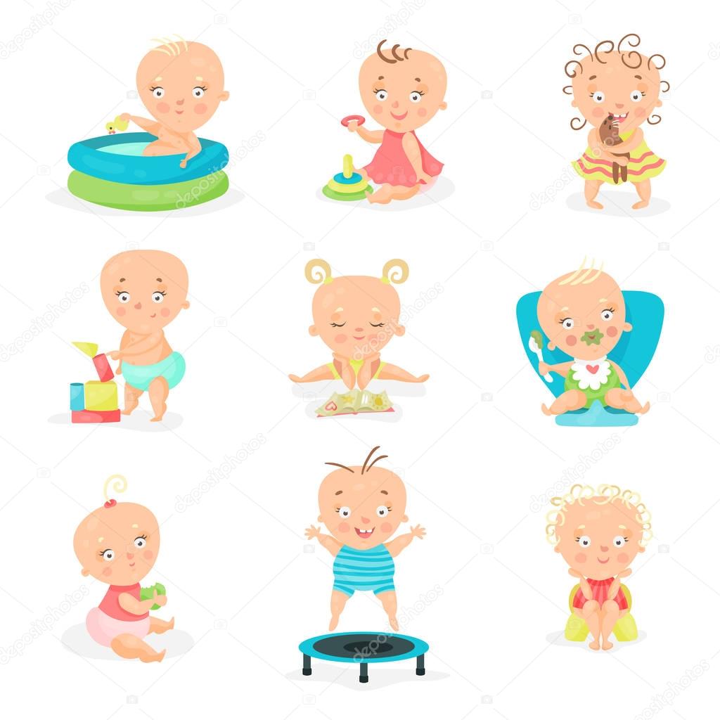 Cute little babies and their daily routine set. Happy smiling little ...