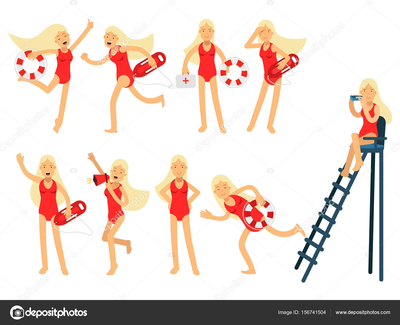 Young lifeguard woman character doing her job set. Water rescue of ...