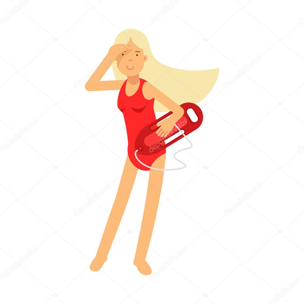 Lifeguard girl character in a red swimsuit holding life preserver buoy ...
