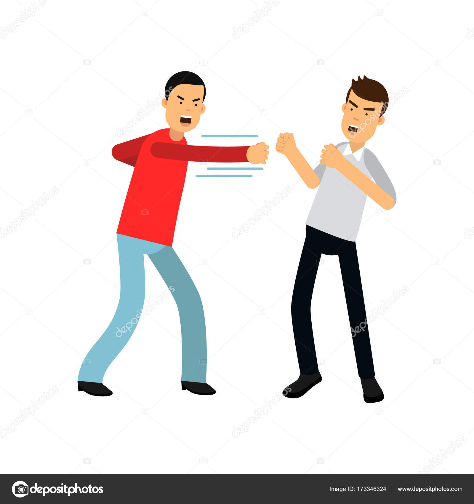 Flat cartoon man in red sweater attacking guy in gray shirt with fists ...