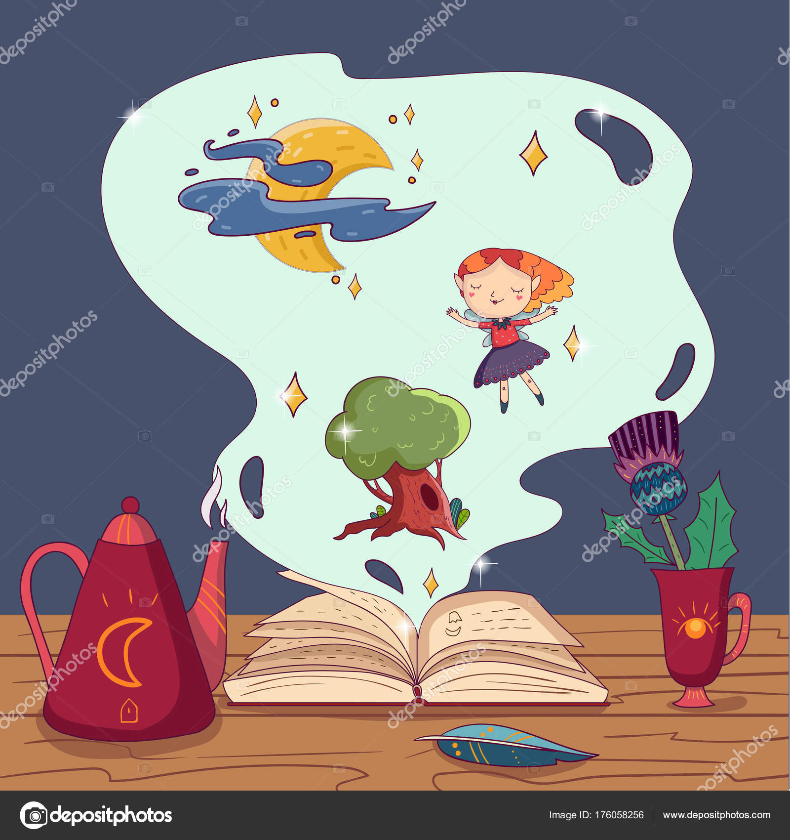 Hand Drawn Vector Magic Book Teapot Quill Pen And Cup With Flower On