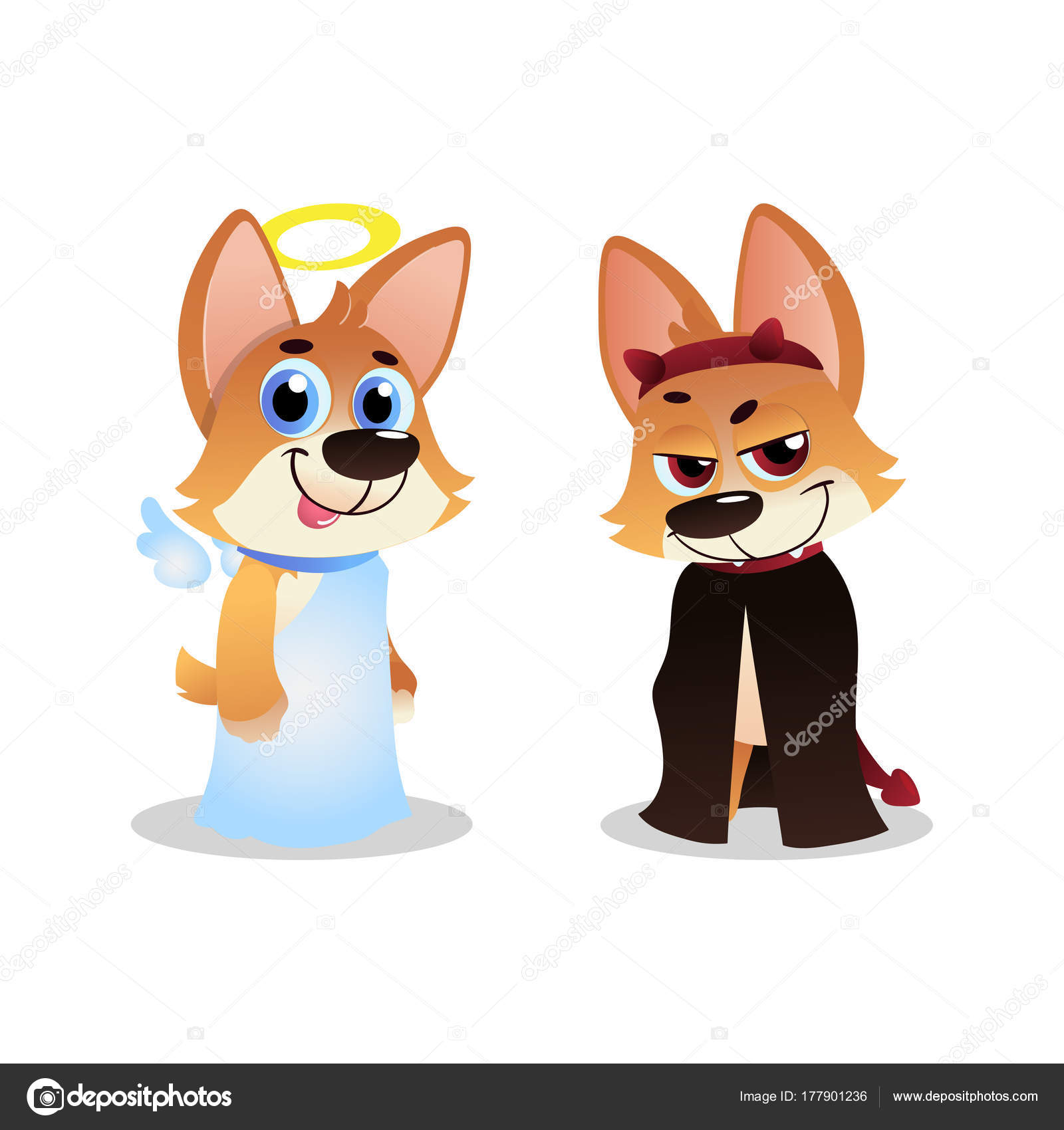 Two corgi characters. Puppies in angel and devil costumes. Wings and ...