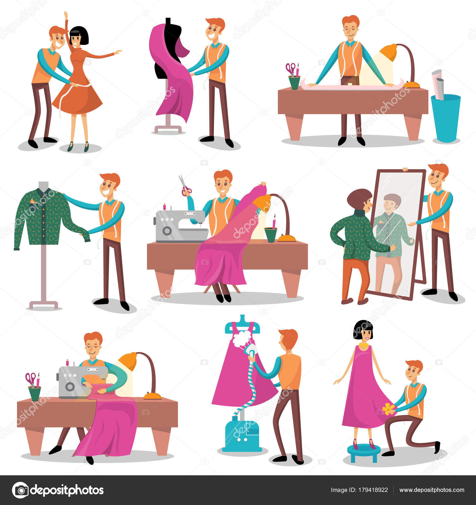 Dressmaker set, male designer tailoring, measuring and sewing for his ...