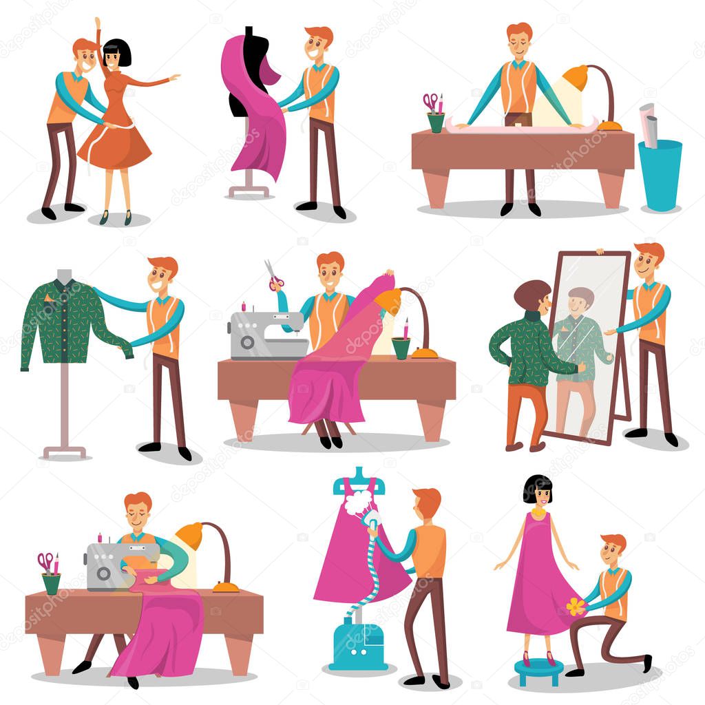 Images: dressmaker cartoon | Dressmaker set, male designer tailoring ...