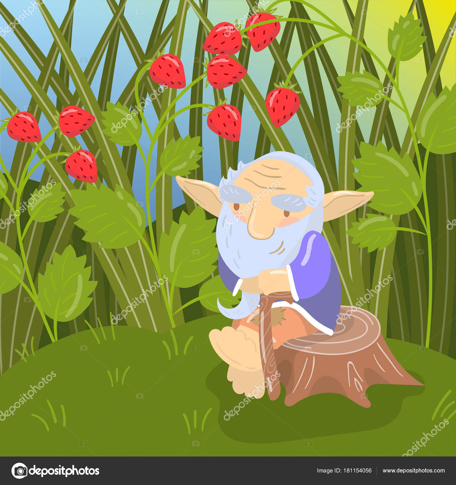 Cute cartoon old bearded troll sitting on a stump, green summer ...