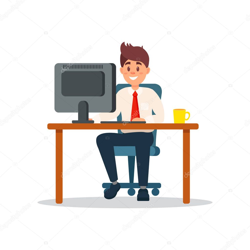 Cartoon sitting at computer | Smiling businessman sitting at the desk ... Cartoon sitting at computer | Smiling businessman sitting at the desk ...