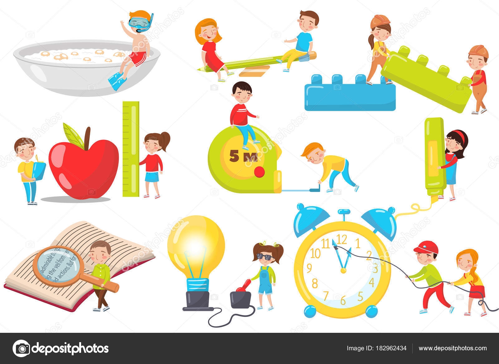 Spelende kinderen, cartoon meten, experimenteren en het lezen van de ...