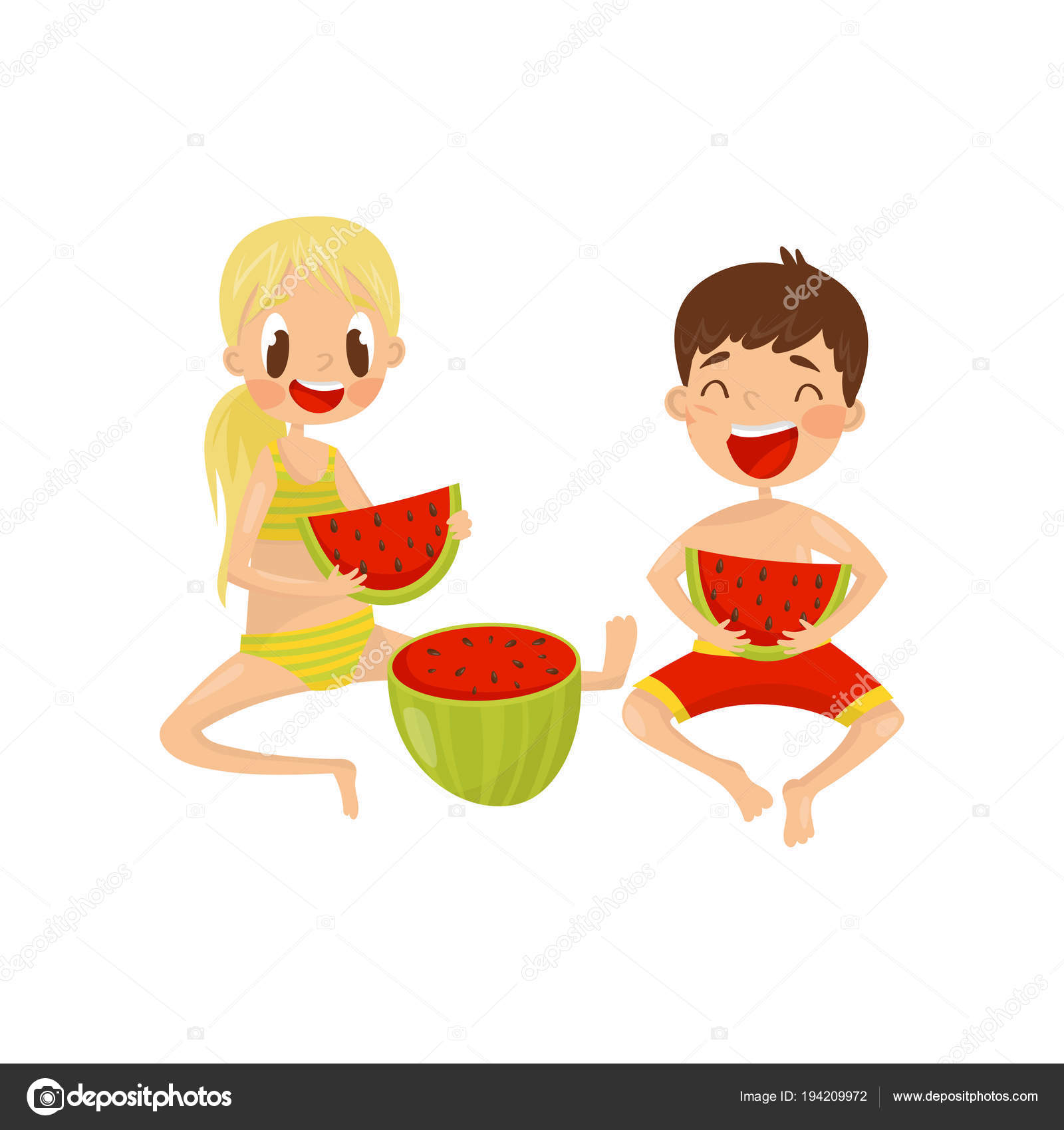 Happy children eating sweet watermelon. Kids enjoying summer vacation ...