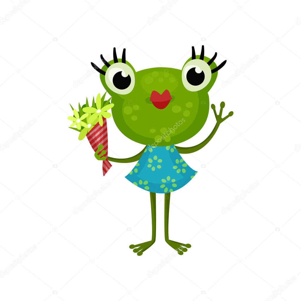 Cartoon frog with long eyelashes | Cute girl frog standing with bouquet ...