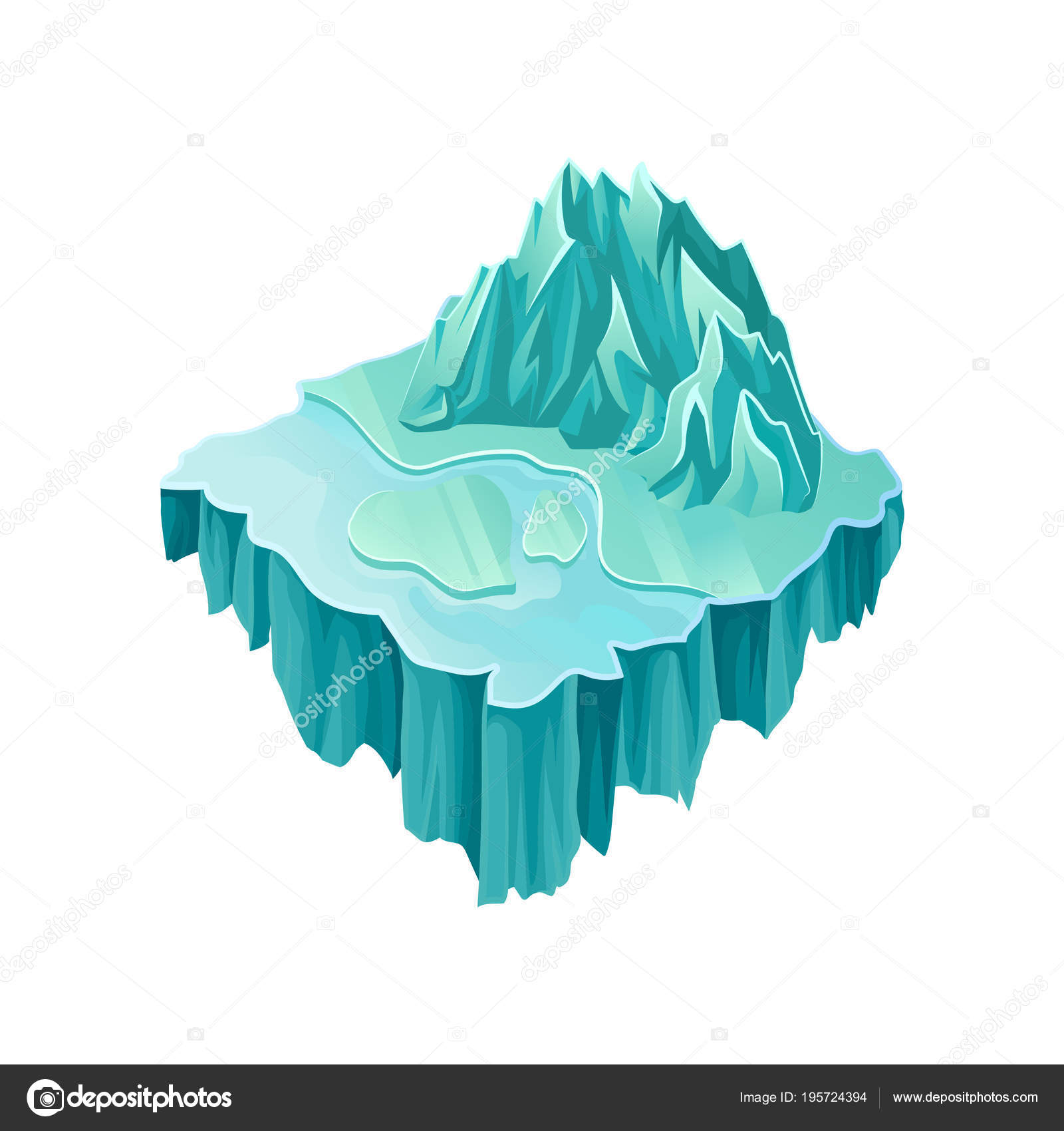 Isometric ice island with big frozen mountain and lake. Colorful flying ...