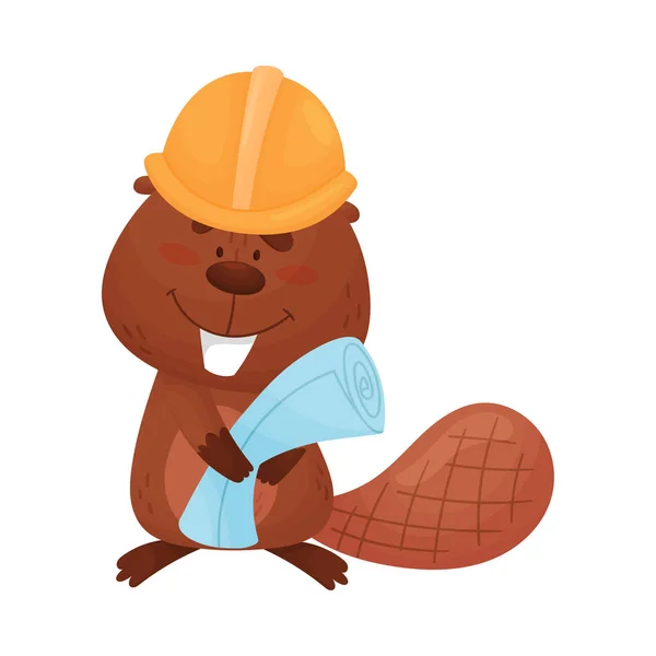 Cute cartoon beaver wearing safety hat and holding a wood log ⬇ Vector ...