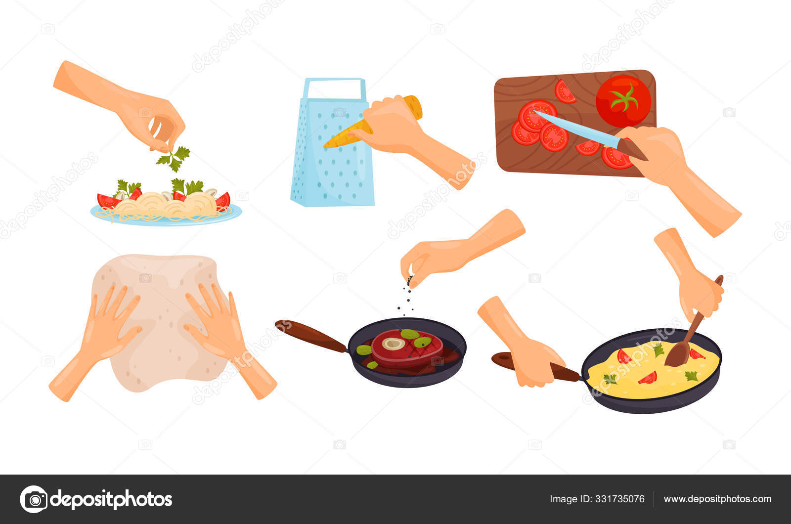 Hands Holding Kitchen Items and Cooking Meal Vector Illustrations Set ...