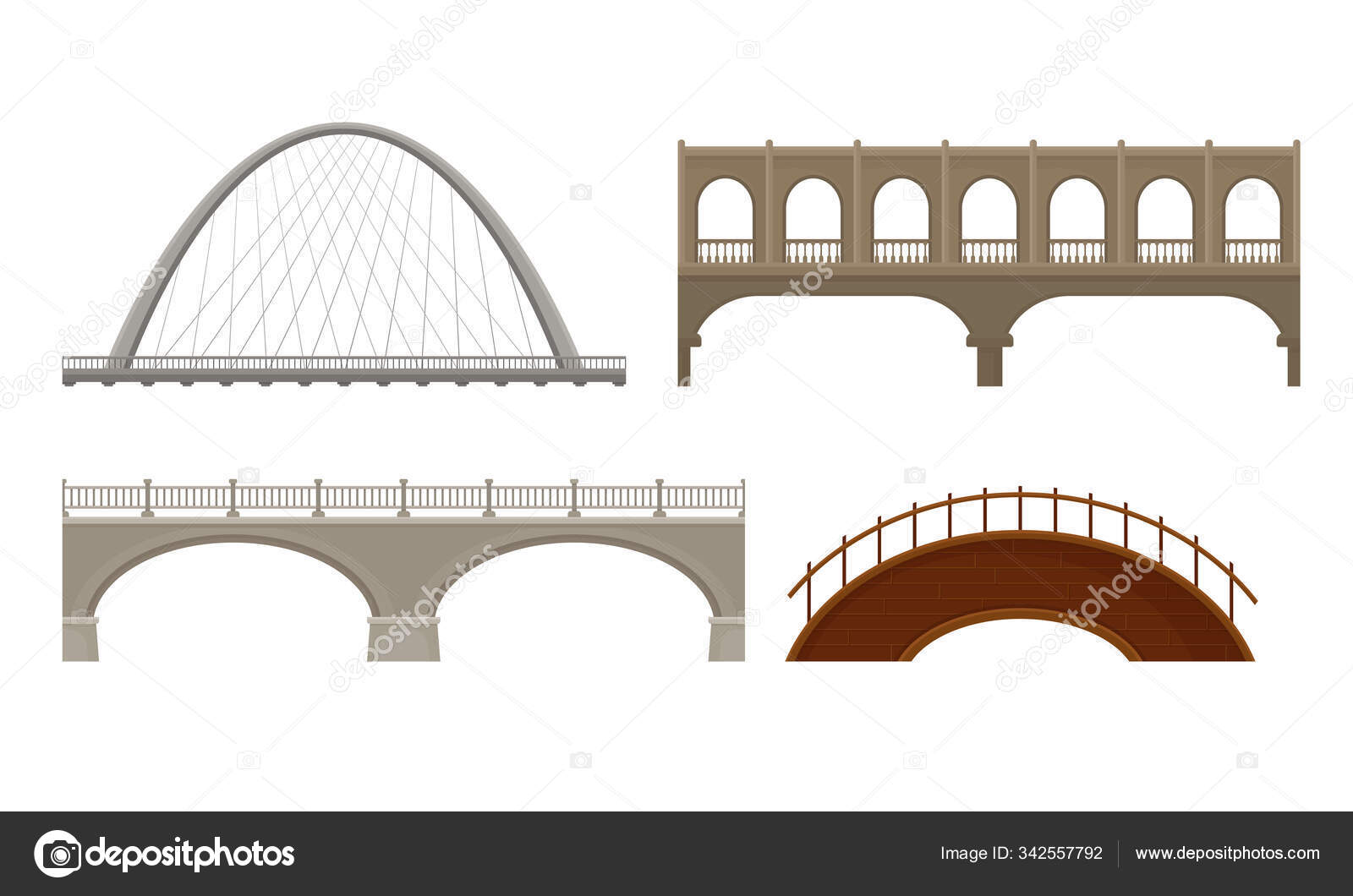 Various Types of Bridges Made of Concrete and Metal Isolated on White ...
