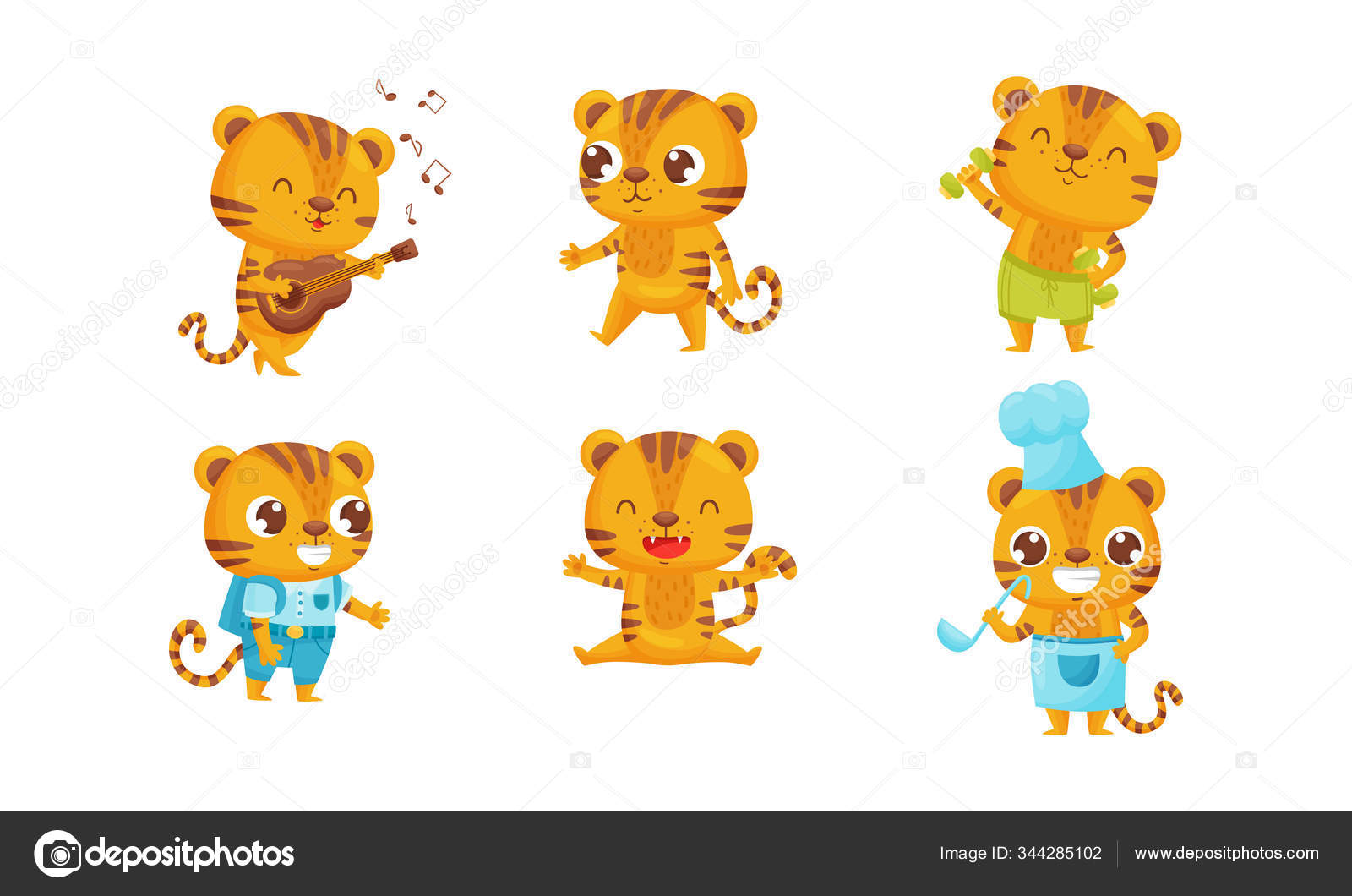 Cartoon Tiger Cub Playing Guitar and Doing Physical Exercise Vector Set ...