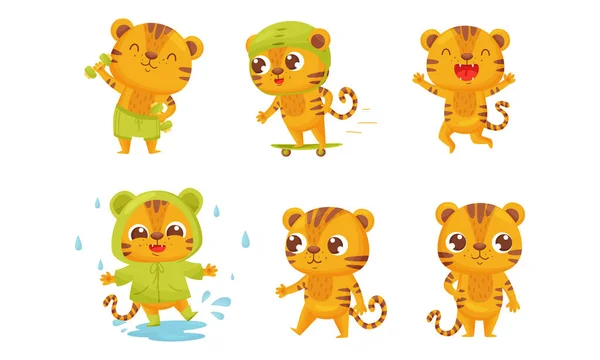 Cartoon Tiger Cub Playing Guitar and Doing Physical Exercise Vector Set ...