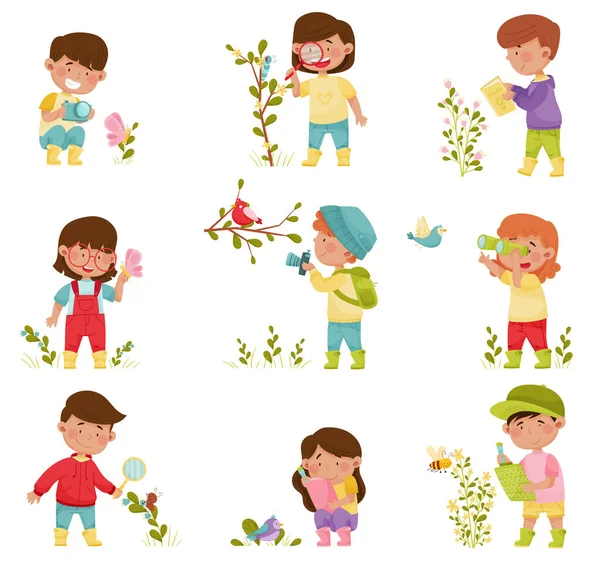 Cute kids exploring insects in forest or park set cartoon vector ...
