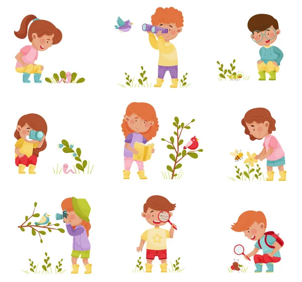 Cute kids exploring insects in forest or park set cartoon vector ...