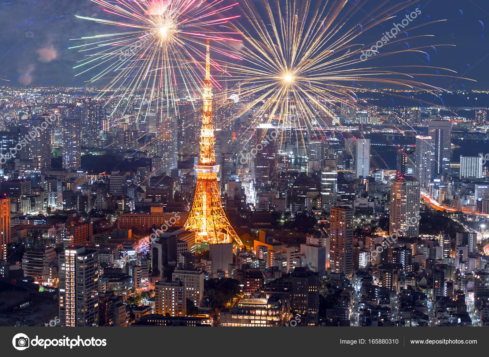 Amazing panoramic view to city centre of Tokyo with fireworks in the ...