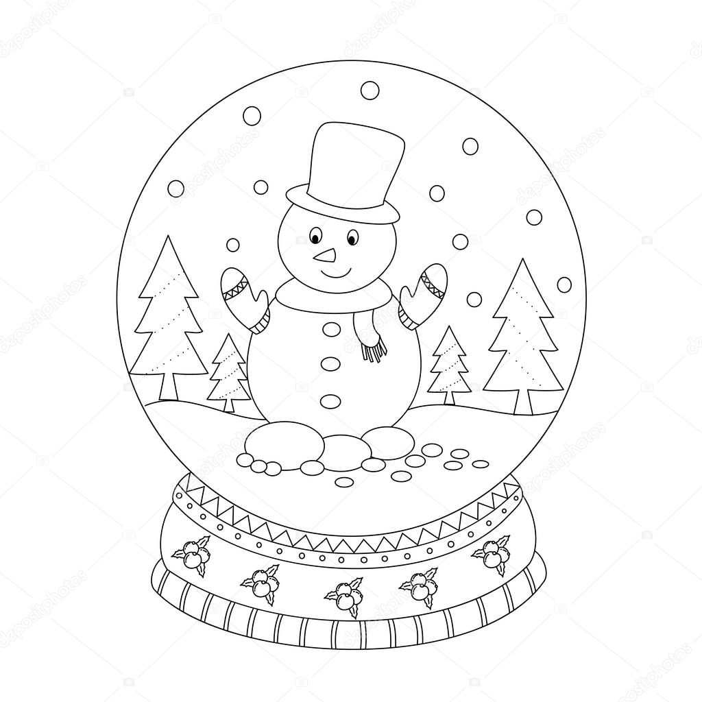 Libro para colorear página de Navidad bola de nieve con el hombre de ...