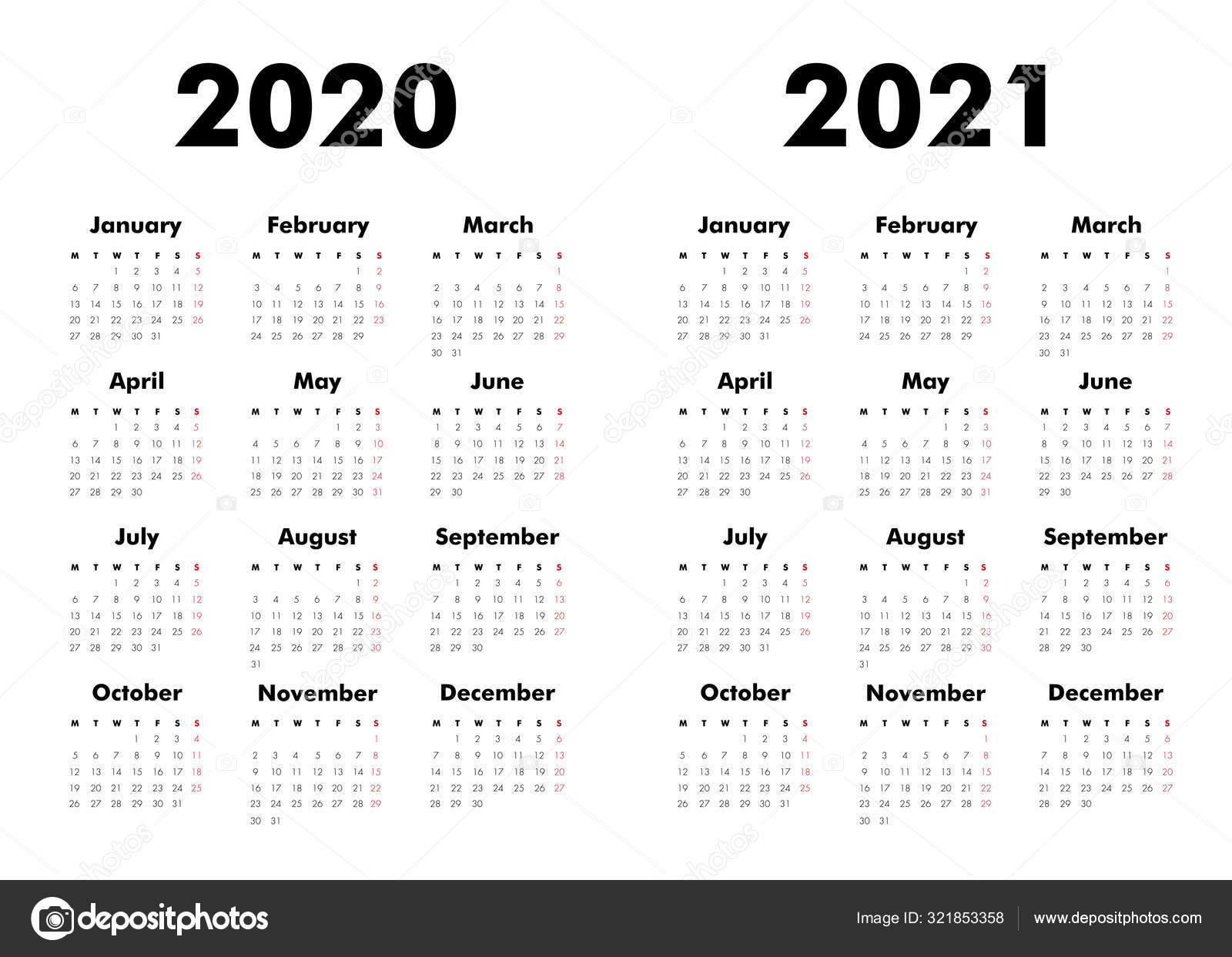 Vector Calendar 2020 2021 Years Week Starts Monday Stationery Calender ...