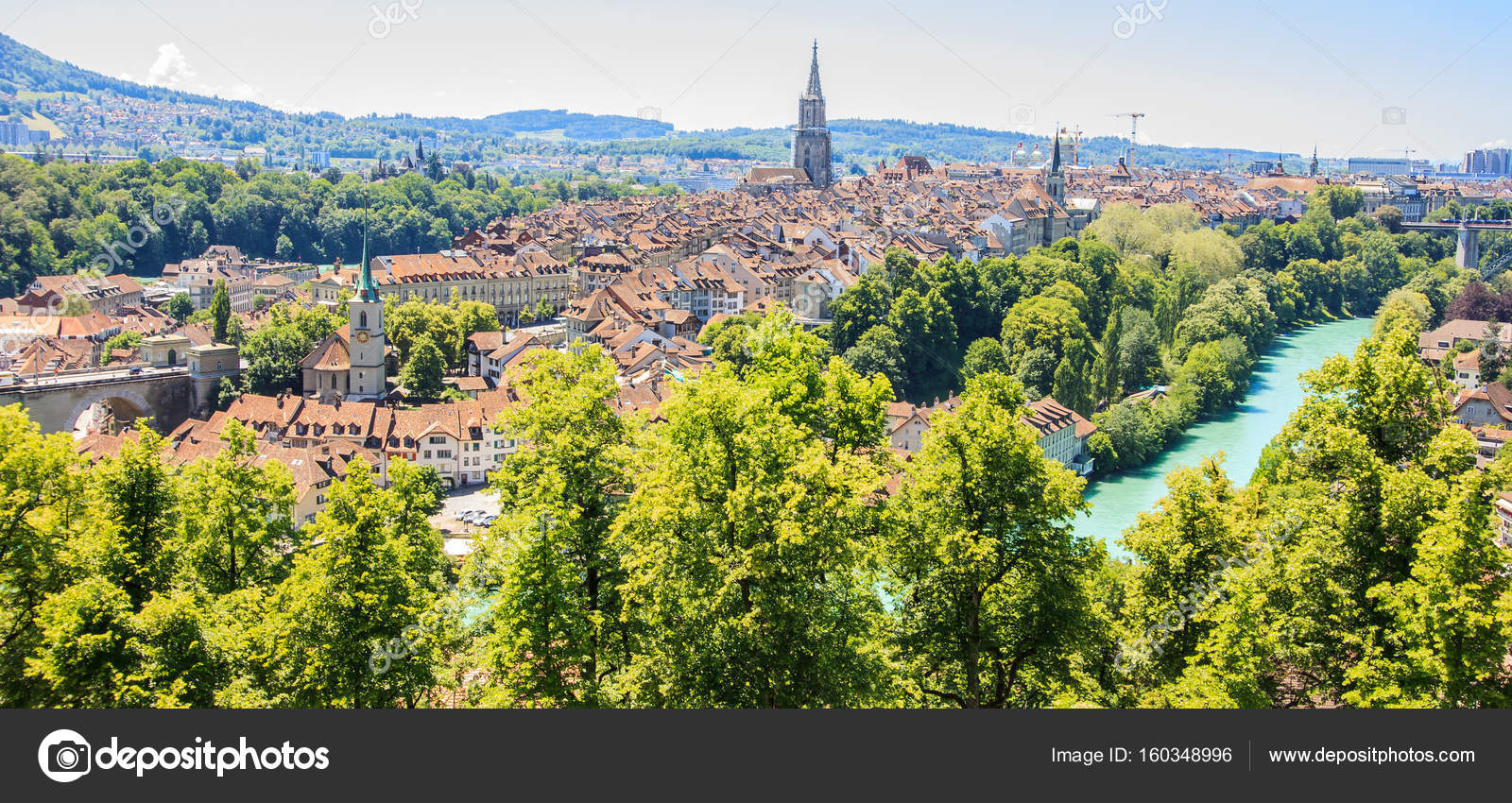 Panorama view of Berne old town from mountain top in rose garden ...